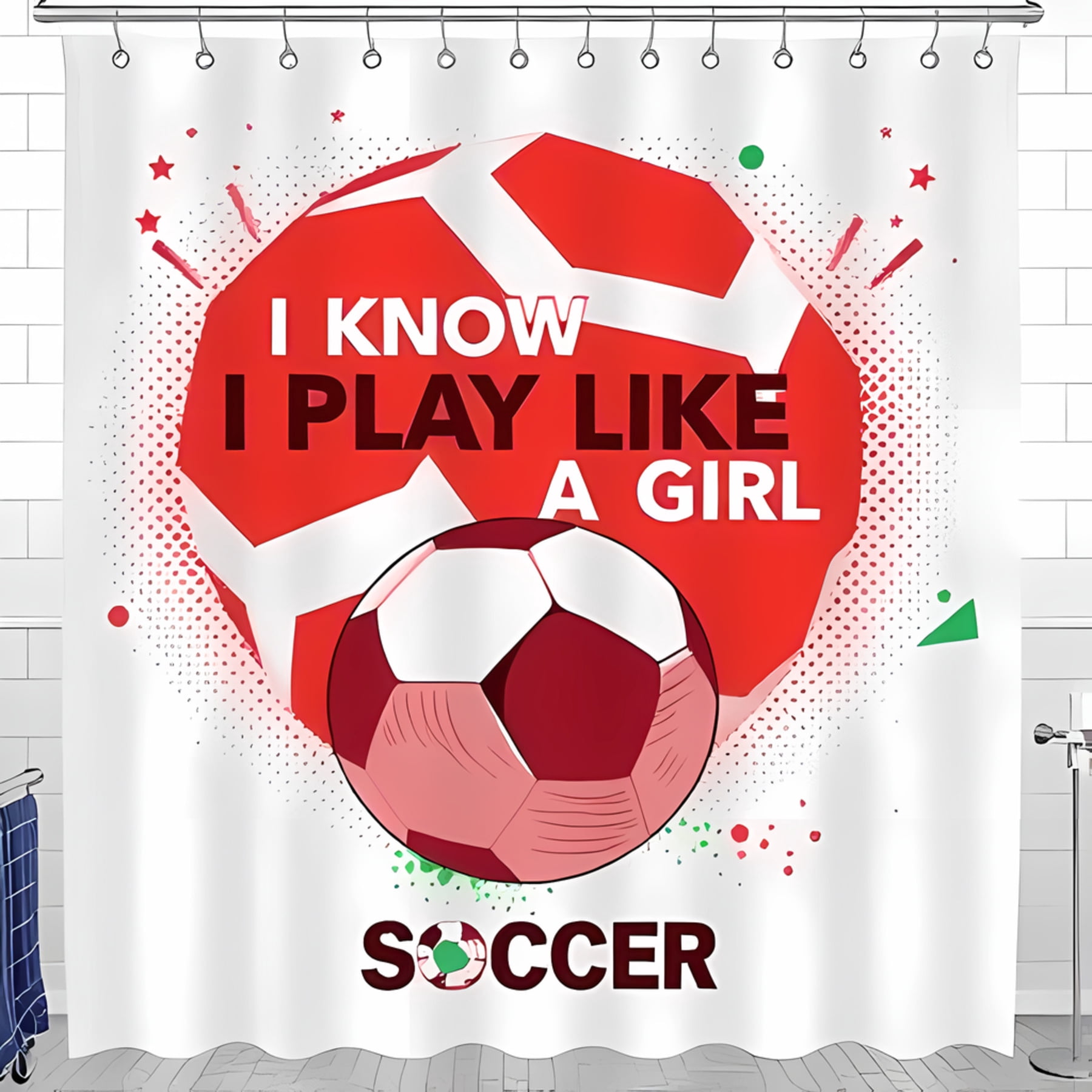 Bold Soccer Ball Shower Curtain with Empowering 'I KNOW I PLAY LIKE A ...
