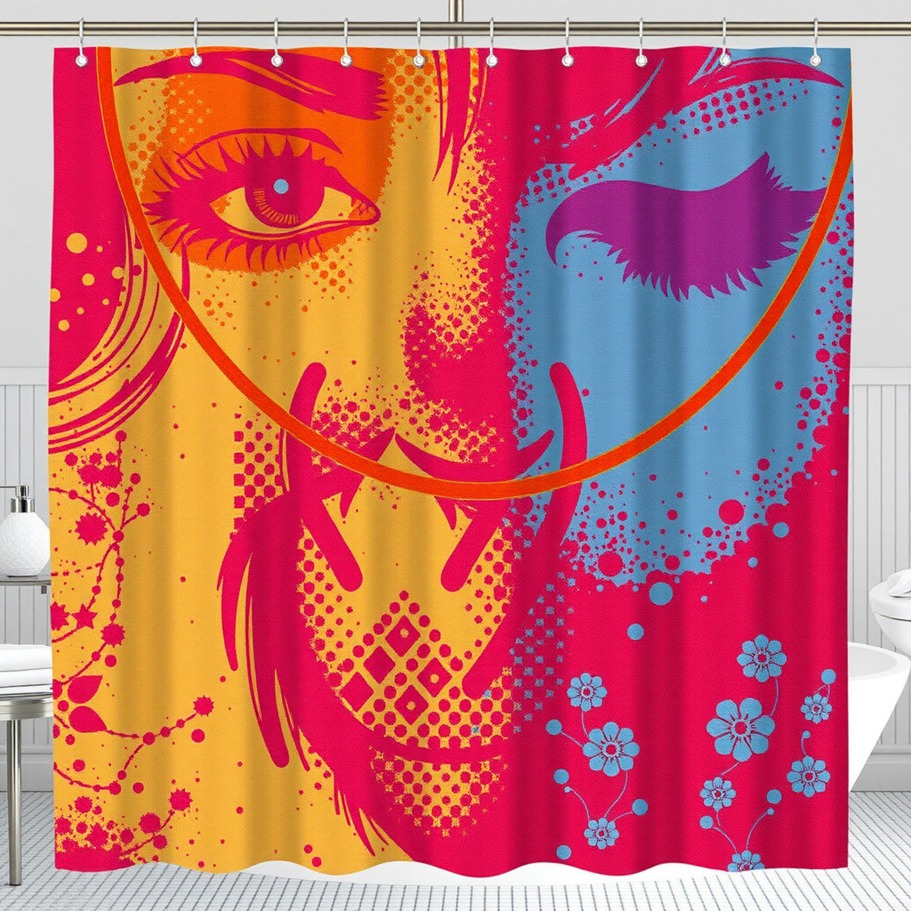 Bold Split-Face Shower Curtain - Vibrant Eye Design with Geometric ...