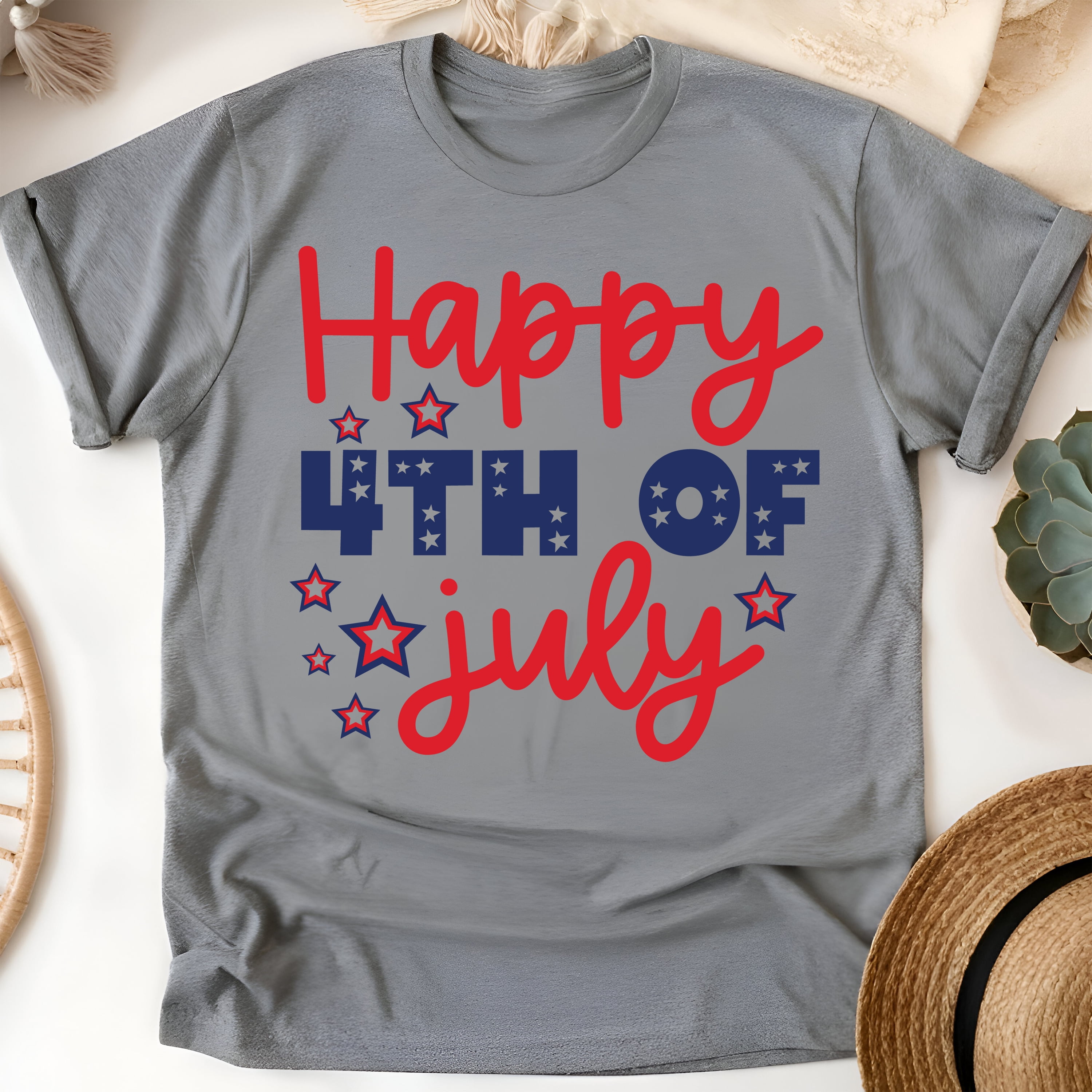 Bold Star Pattern Graphic Tee – Festive Red White Blue Letter Print ...