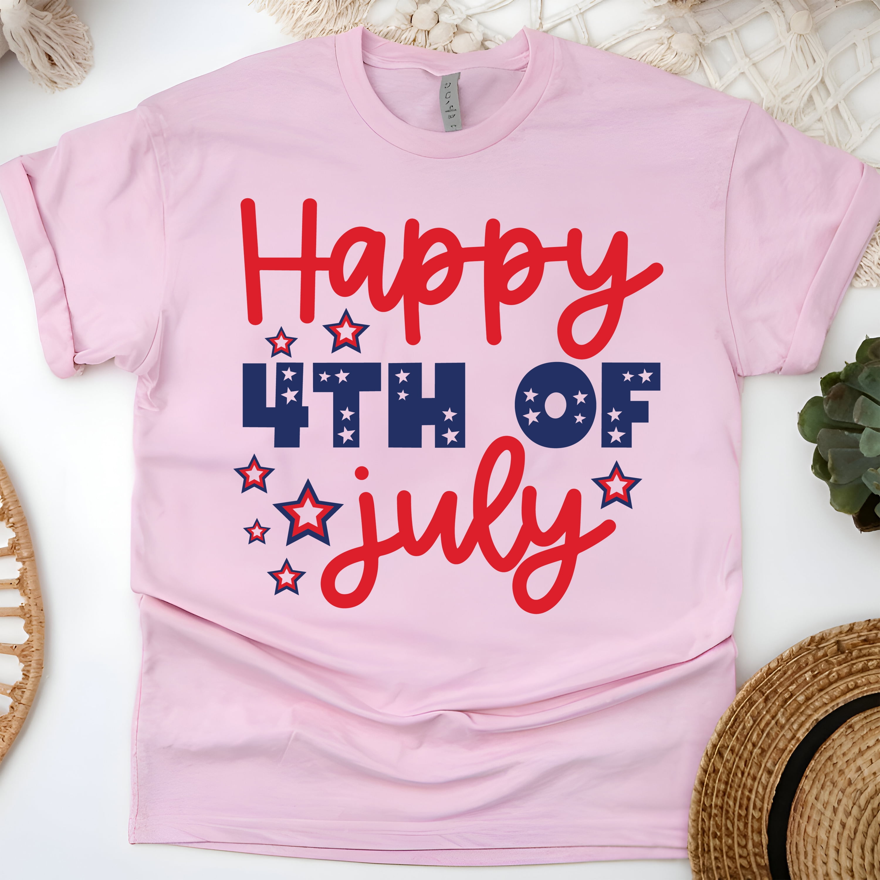 Bold Star Pattern Graphic Tee – Festive Red White Blue Letter Print ...