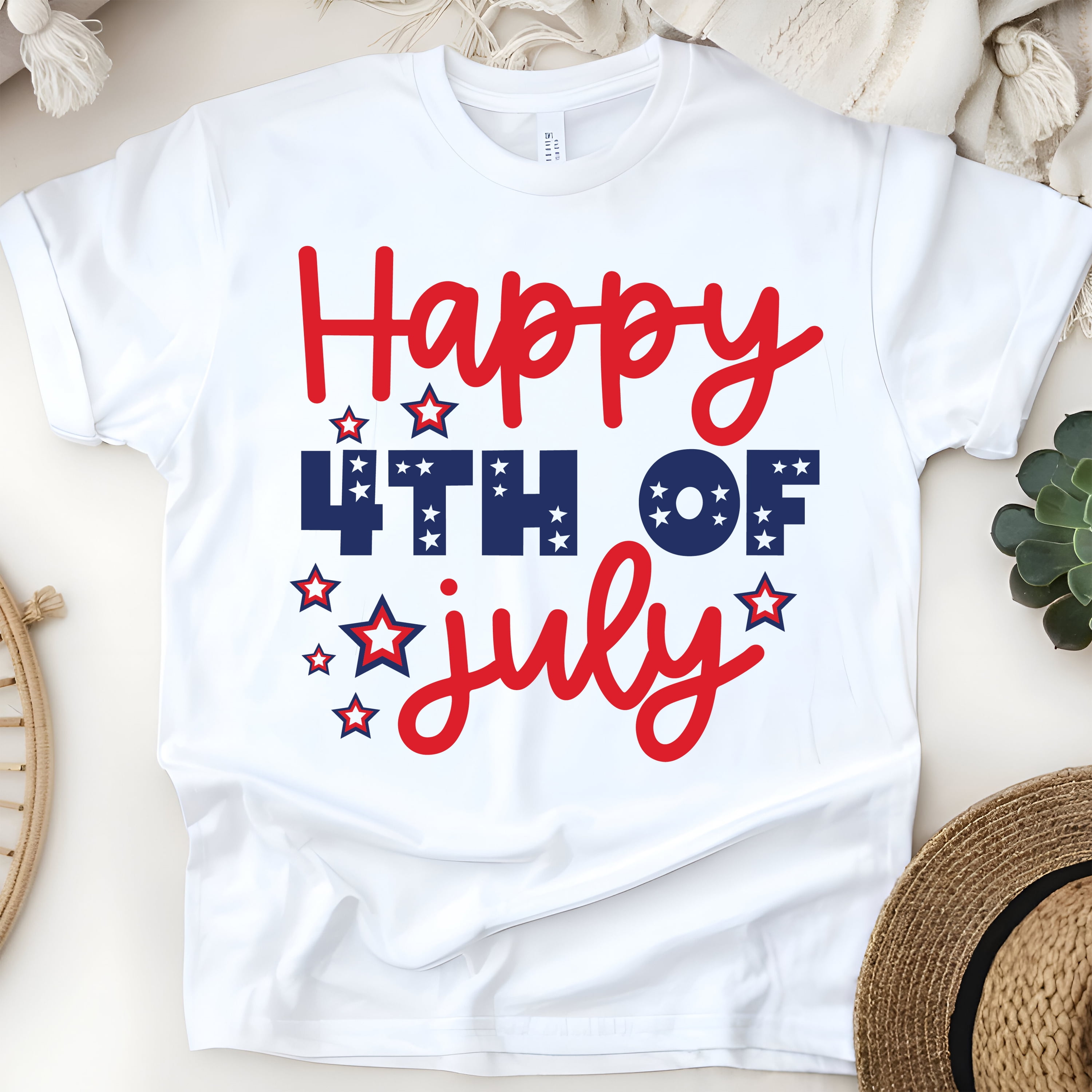 Bold Star Pattern Graphic Tee – Festive Red White Blue Letter Print ...