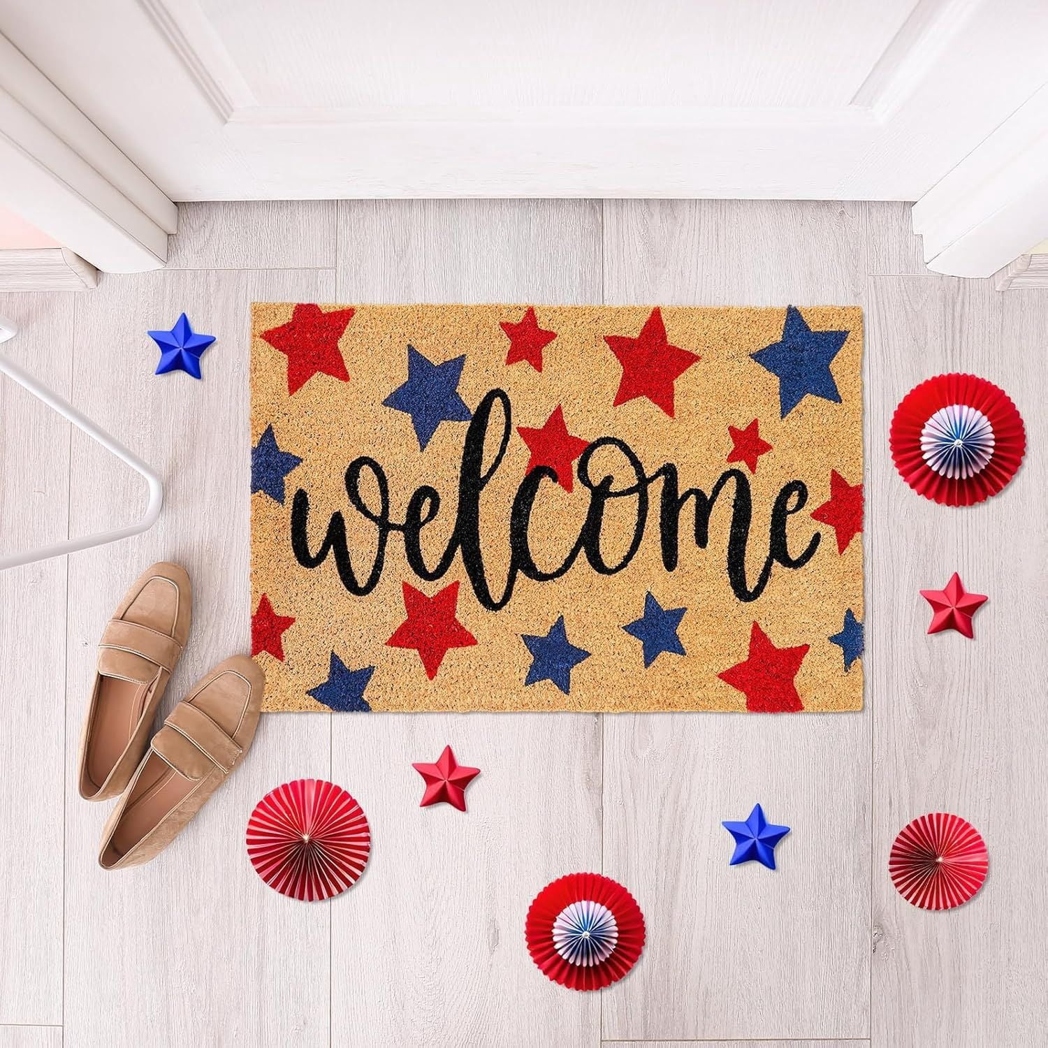 Bold Stripes Brave Hearts Patriotic Coir Doormat Red White Blue Stripe ...