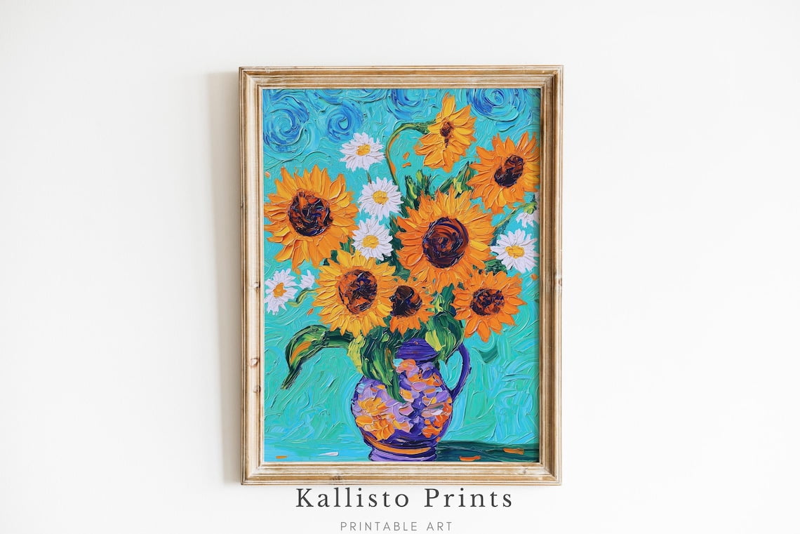 Bold Sunflower and Daisy Impasto , Vibrant Textured Floral Art Print ...