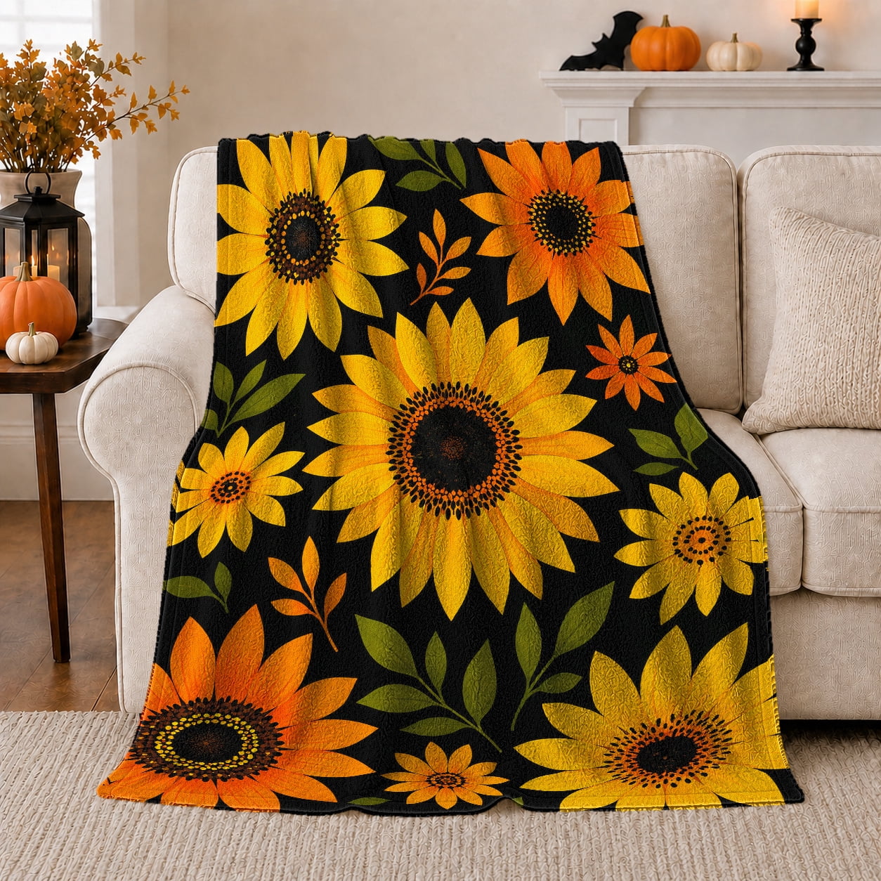 Bold Sunflowers and Green Leaves on Black, Cheerful Botanical Style for ...