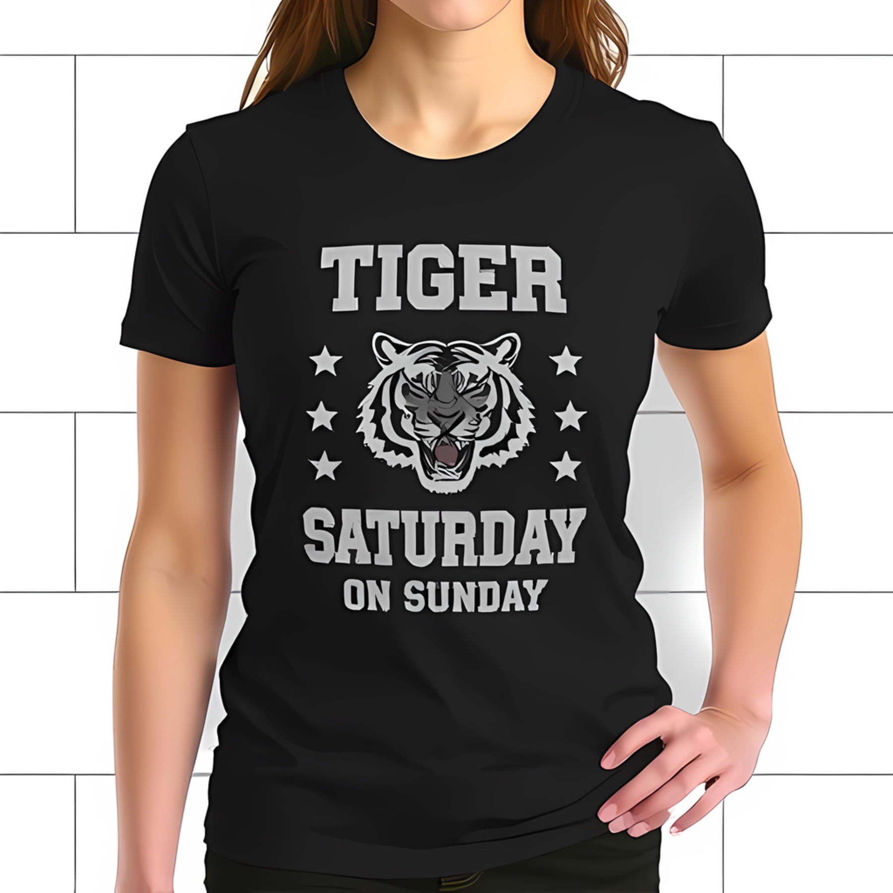 Bold Tiger Graphic Cotton Short Sleeve T-Shirt with Stars & 'Saturday ...
