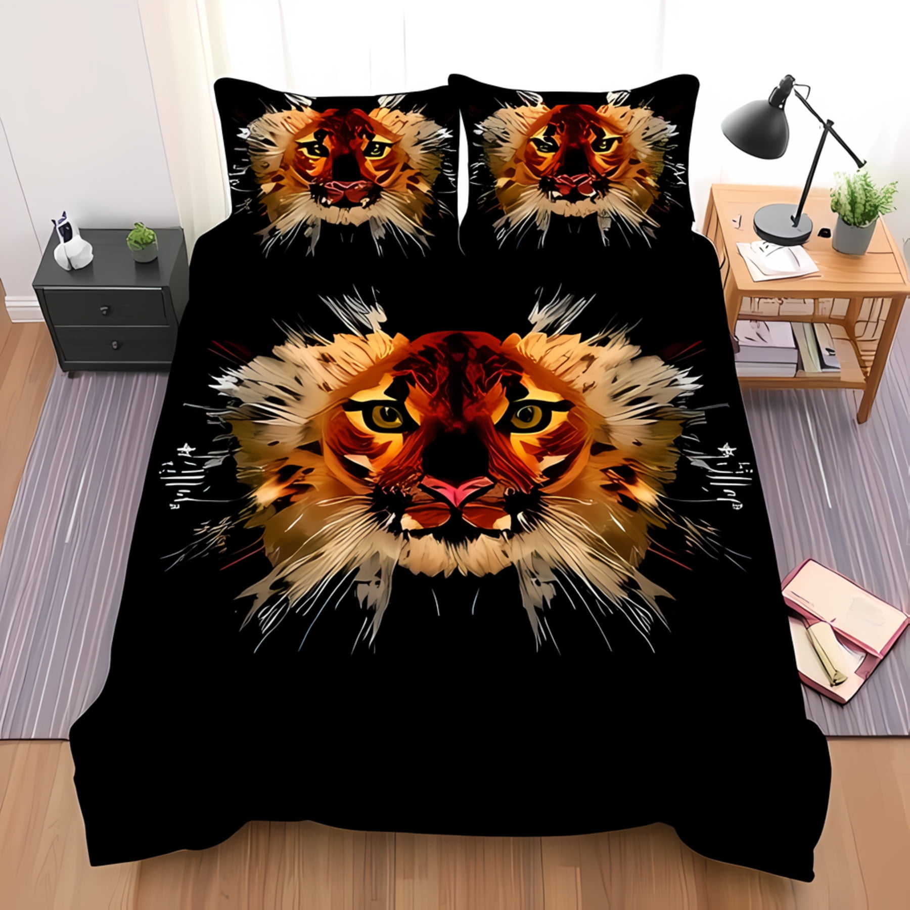 Bold Tiger Head Graphic Black Comforter Set Modern AnimalThemed Bedding ...