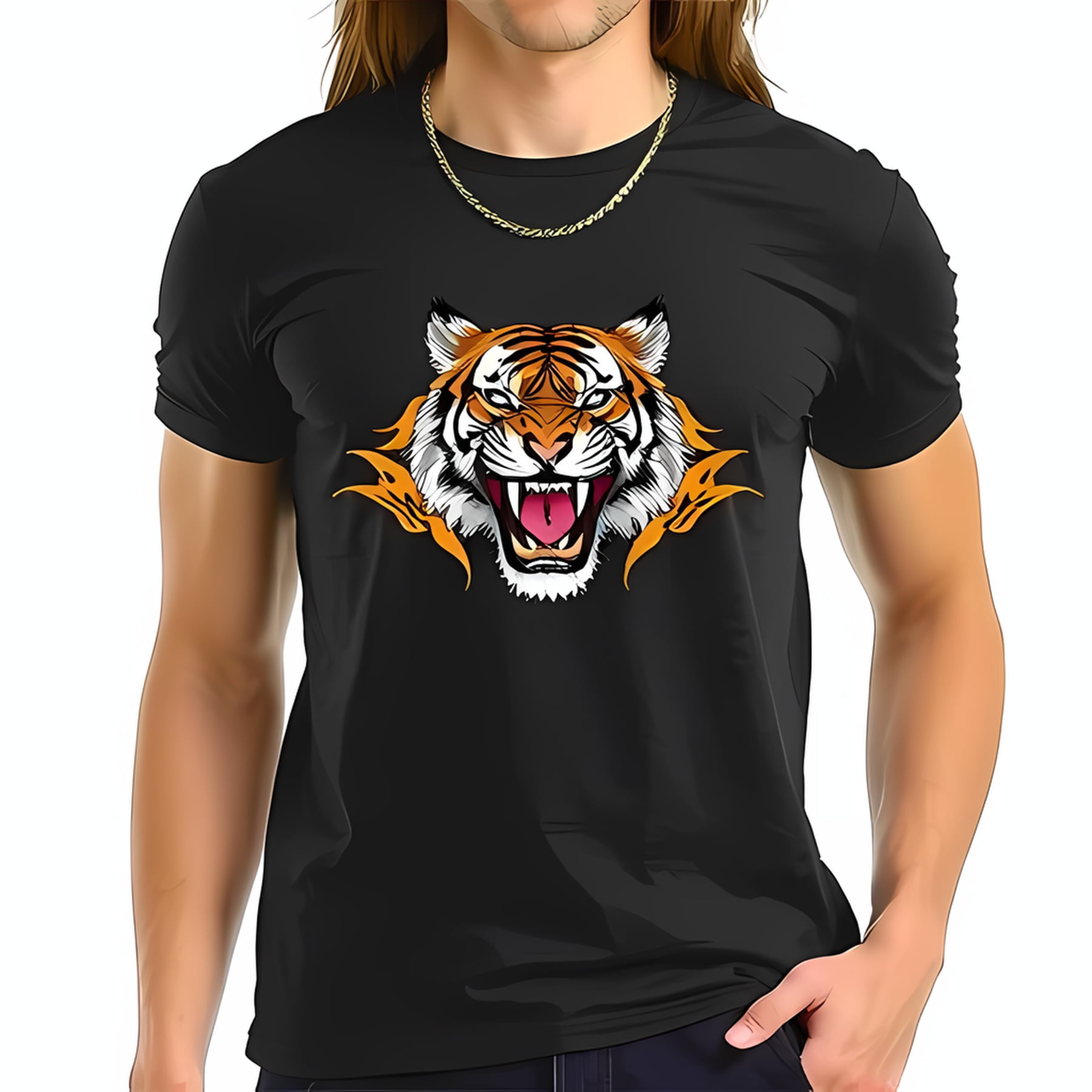 Bold Tiger Head Graphic Black T-Shirt with Flames Roaring Tiger Design ...