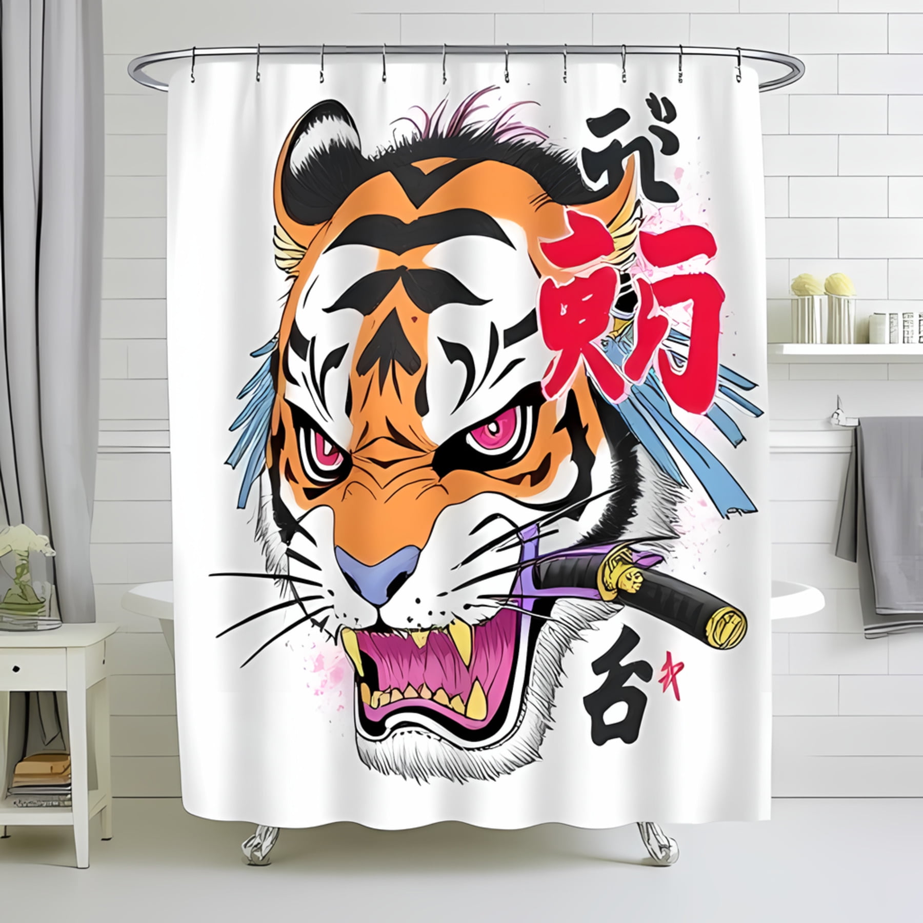 Bold Tiger Head Shower Curtain - Japanese Woodblock Style with Katana ...