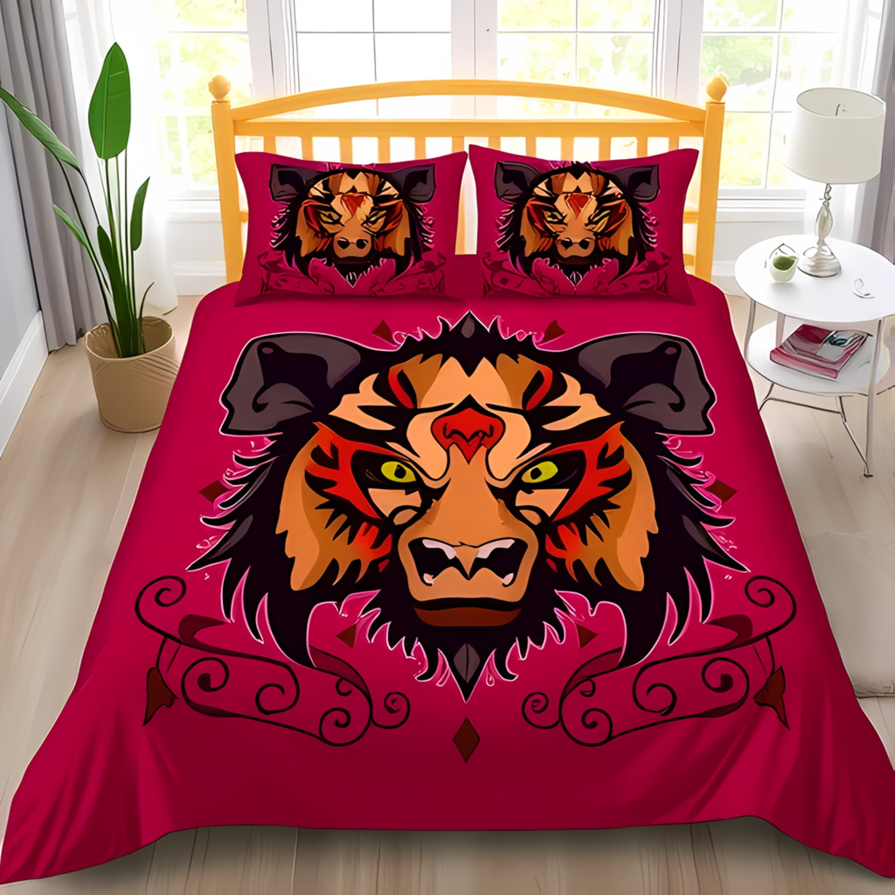 Bold Tiger Motif 3-Piece Duvet Cover Set in Vibrant Pink and Orange ...