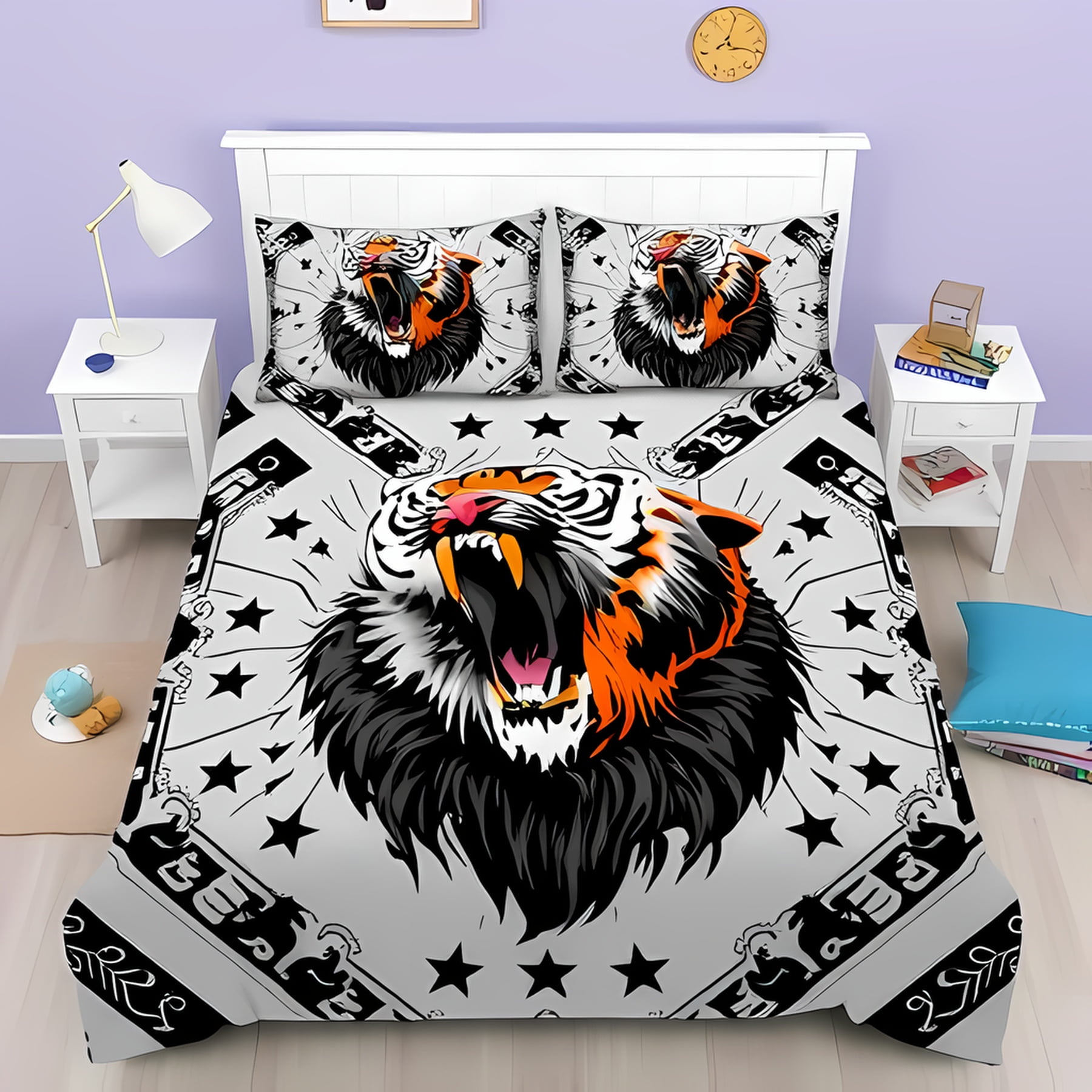 Bold Tiger-Themed 3-Piece Duvet Cover and Pillowcase Set - Edgy Graphic ...