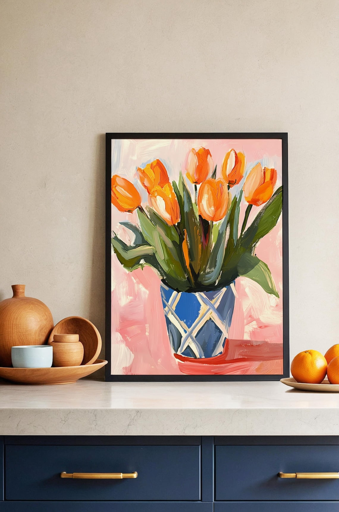 Bold Tulip Orange Flowers In Blue Vase Minimalist Floral On Pink ...