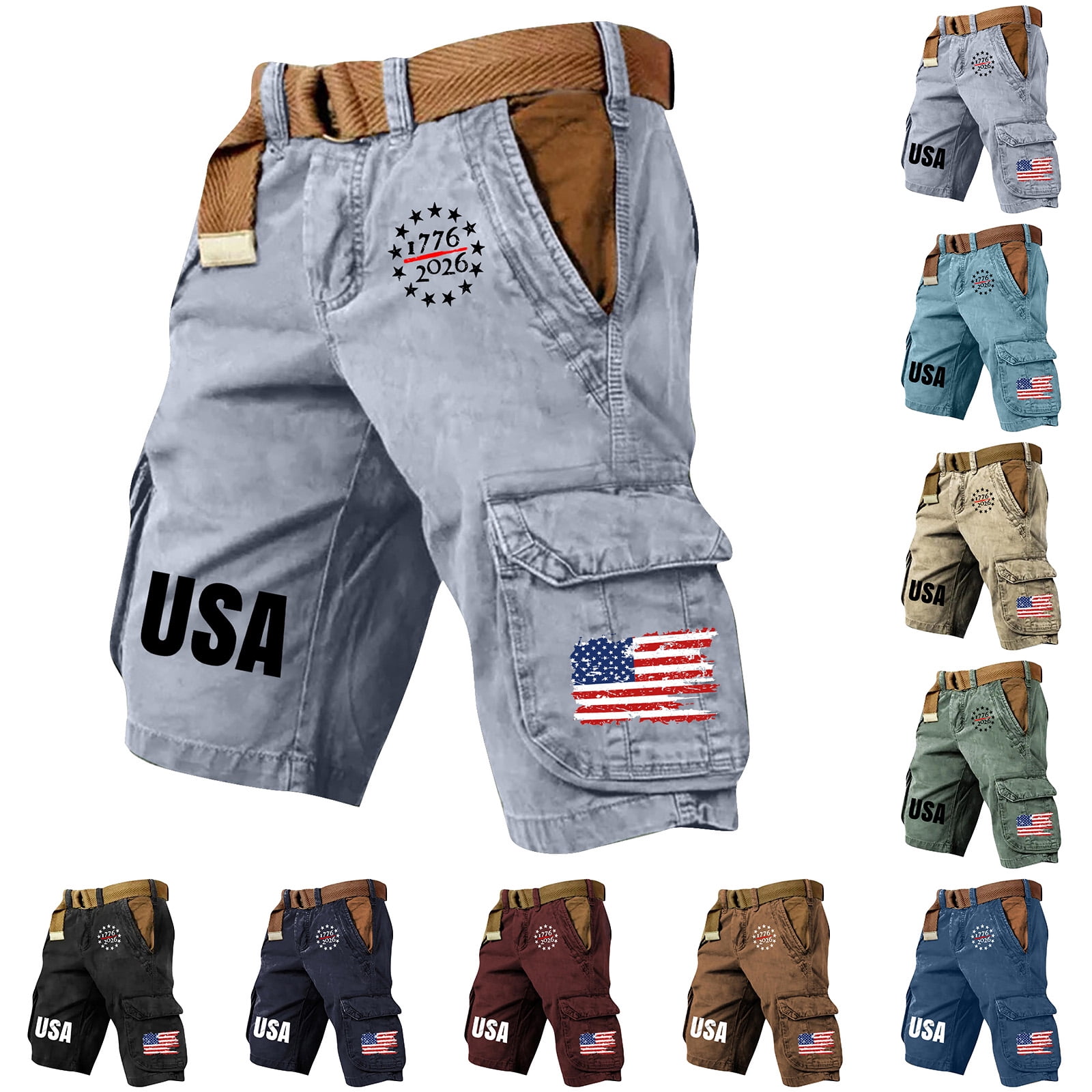 Bold USA Lettering Cargo Shorts with 1776 To 2026 Emblem and Relaxed ...