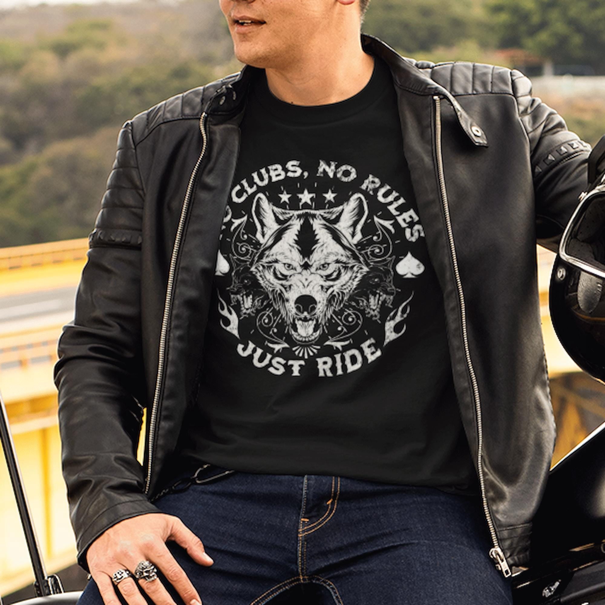 Bold Wolf Graphic T-Shirt for Bikers - Embrace Freedom with No Clubs ...