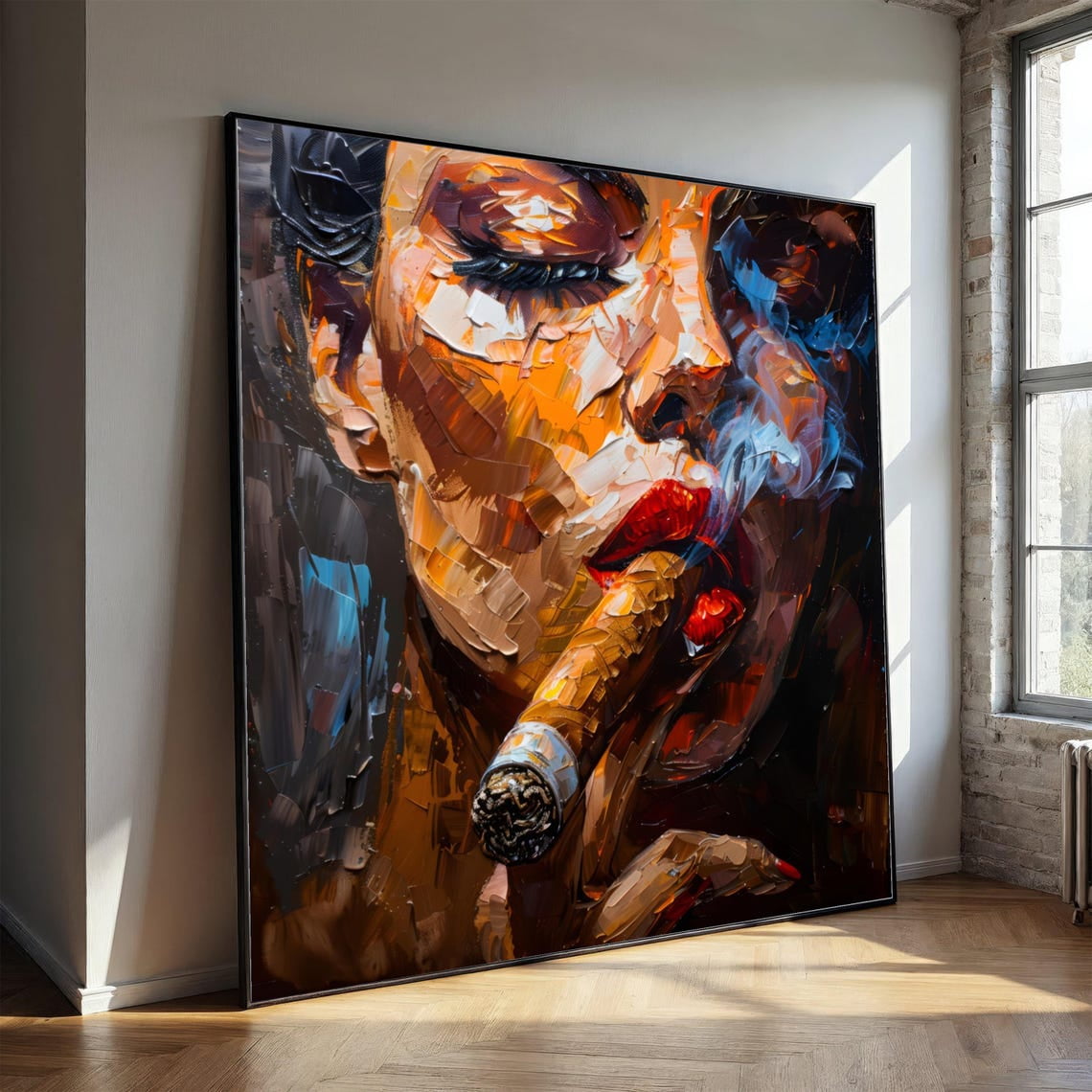 Bold Woman Smoking Cigar Canvas, Modern Portrait Painting, Abstract ...