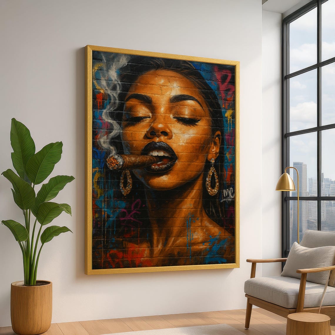 Bold Woman Smoking Cigar Graffiti Art, Urban Wall Canvas, Contemporary ...