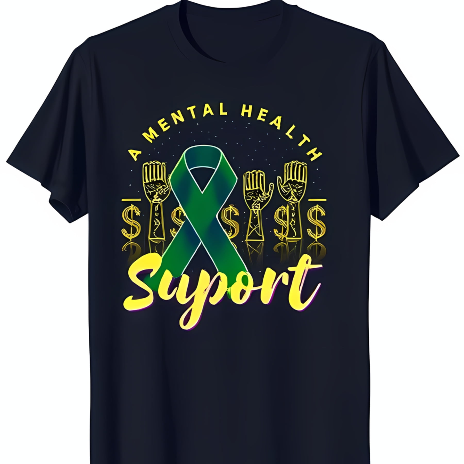 Bold Yellow A Mental Support Graphic on Dark Blue T-Shirt - Walmart.com