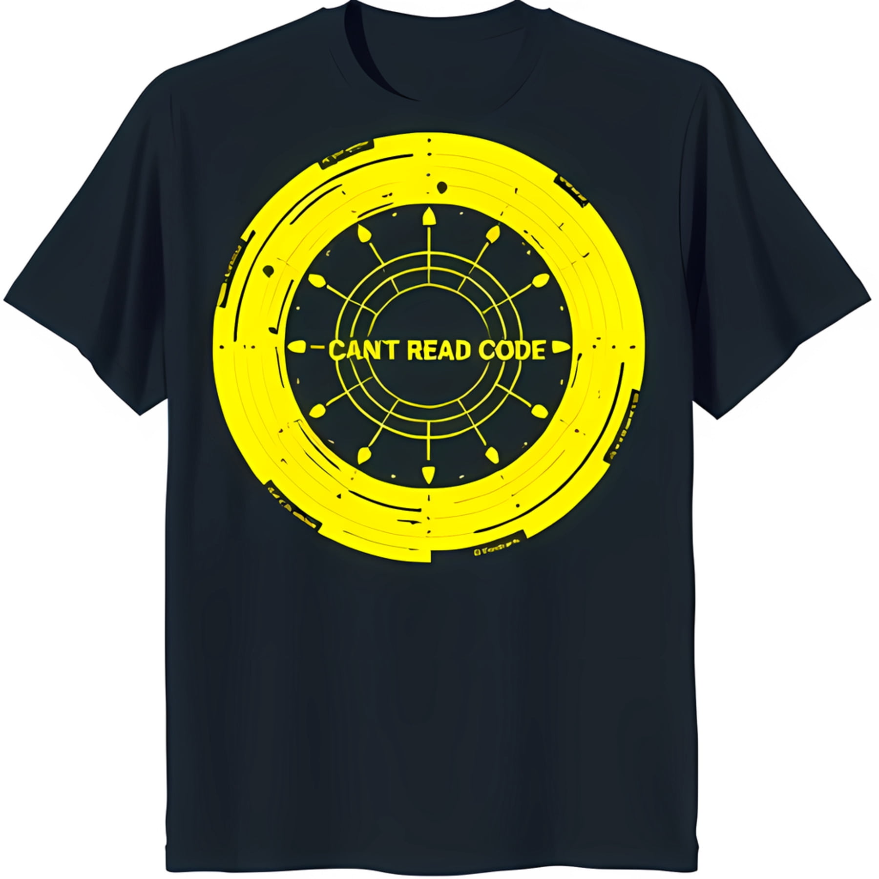 Bold Yellow 'CANT READ CODE' Design on Blue T-Shirt with Radiating ...