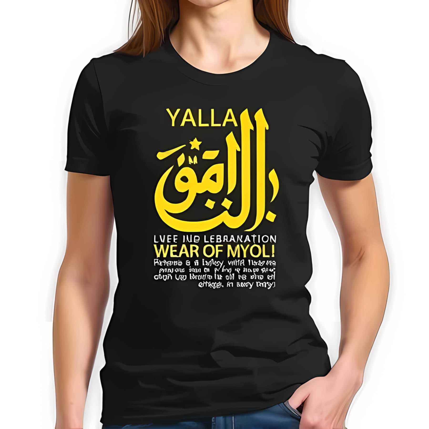 Bold Yellow Calligraphy & English Text Graphic Cotton Short Sleeve T ...