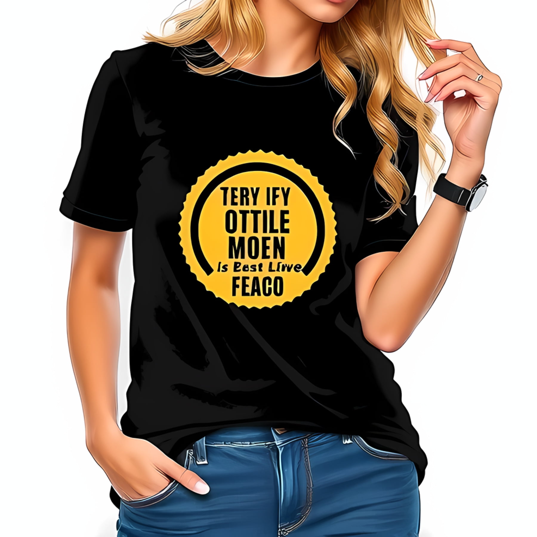 Bold Yellow Circular Design Cotton Short Sleeve T-Shirt with Unique Text " TERY IFY OTTILE IS ...