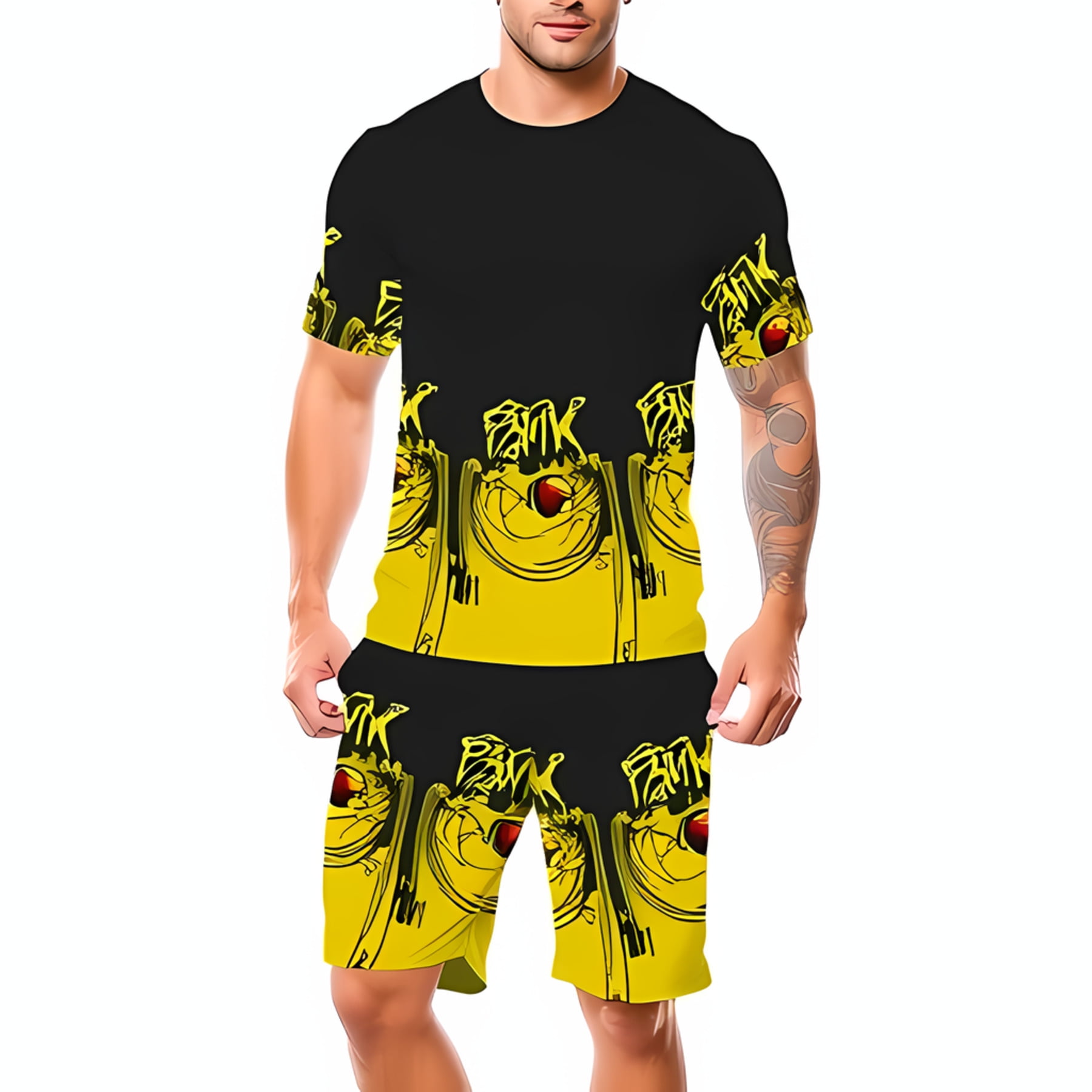Bold Yellow Graphic Patterned Two-Piece Athletic Set - Short Sleeve ...