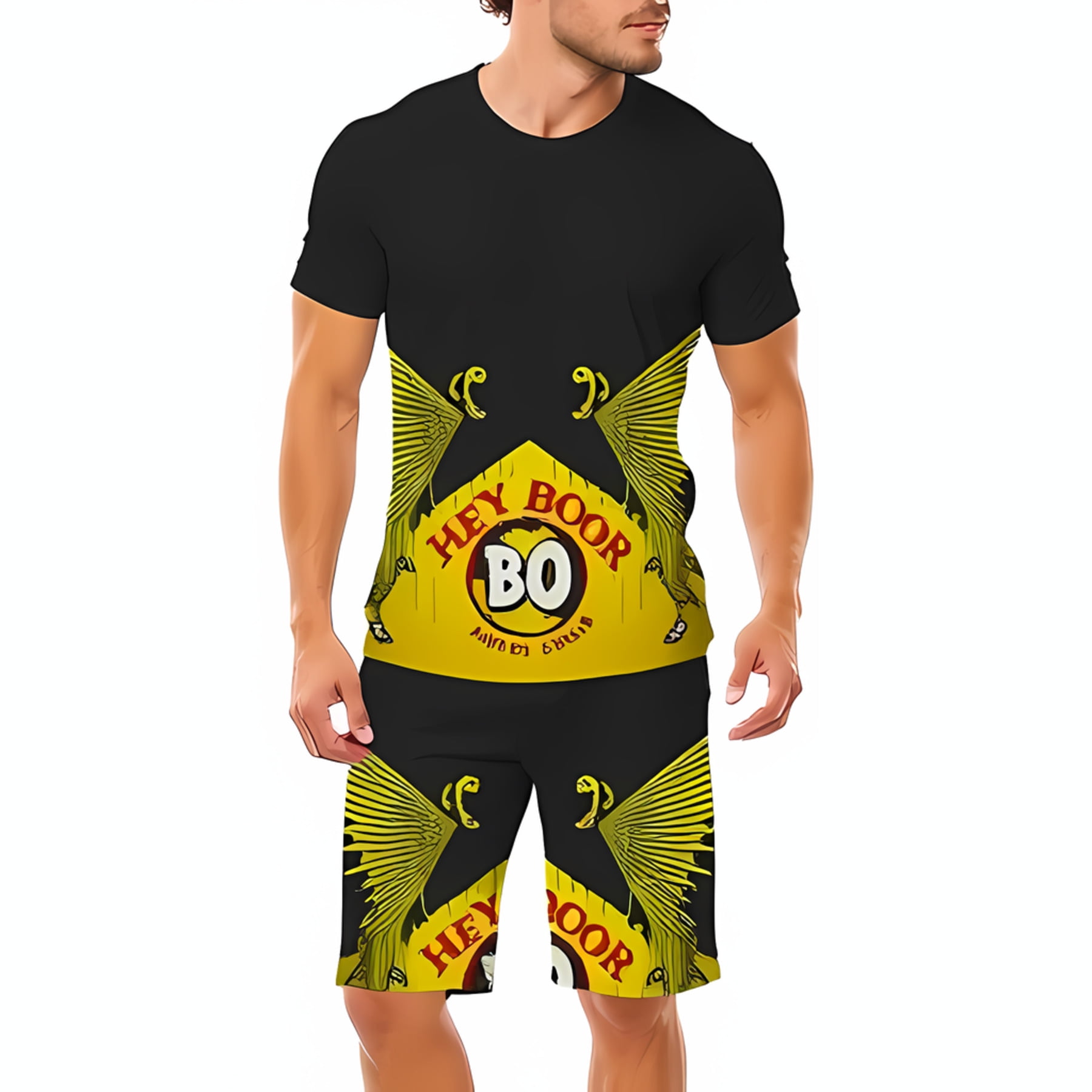 Bold Yellow Graphic T-Shirt and Shorts Set with Winged Creatures & 'HEY ...