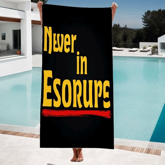 Bold Yellow ' Never in Esourpe ' Text Beach Towel with Red Brushstroke ...