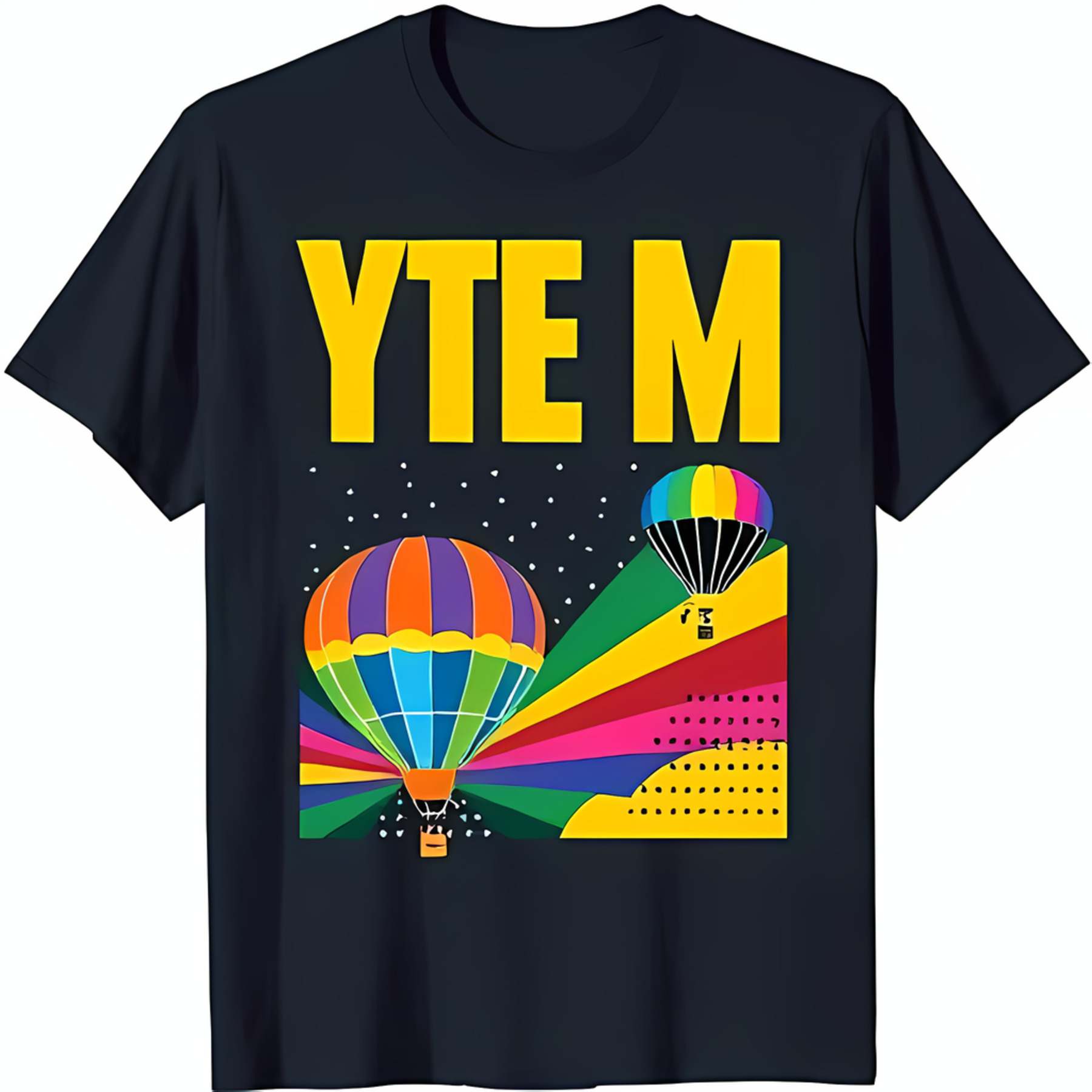 Bold Yellow 'YTEM' Graphic Black T-Shirt with Colorful Hot Air ...