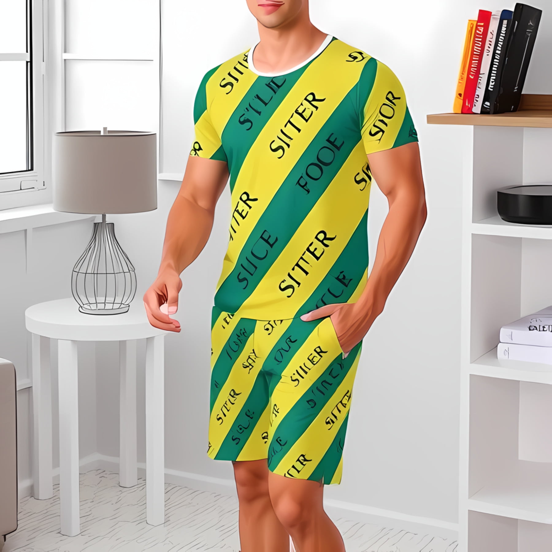 Bold Yellow and Green Patterned T-Shirt and Shorts Set with Unique ...