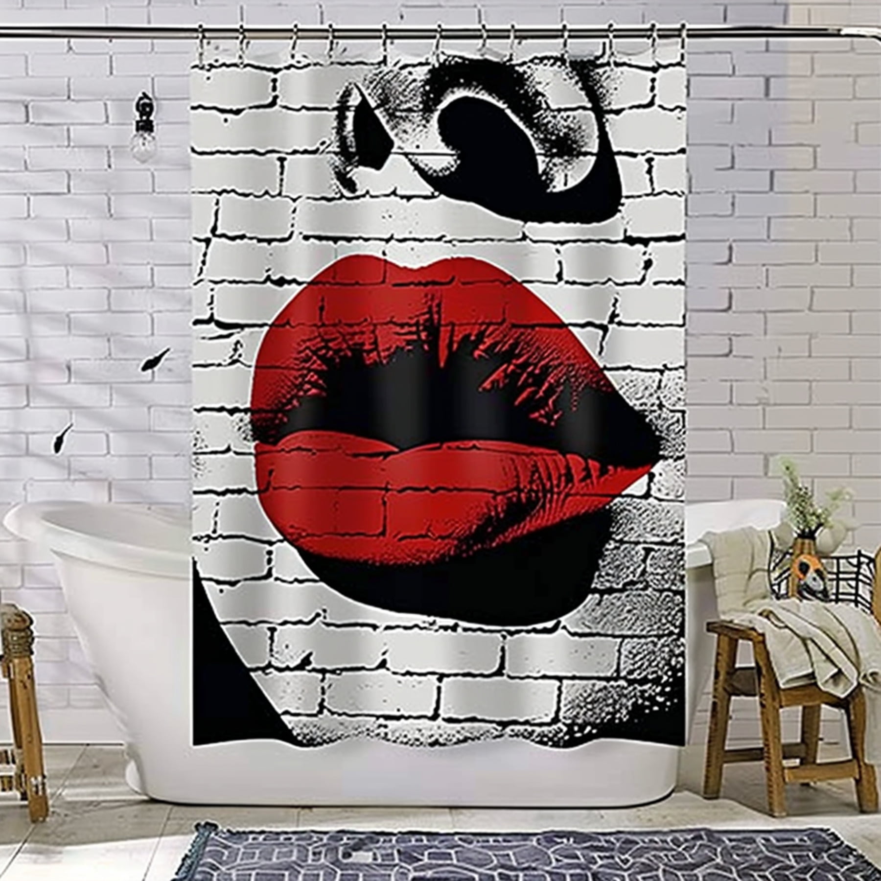 Bold And Artsy Red Lips On White Brick Wall Shower Curtain Add A