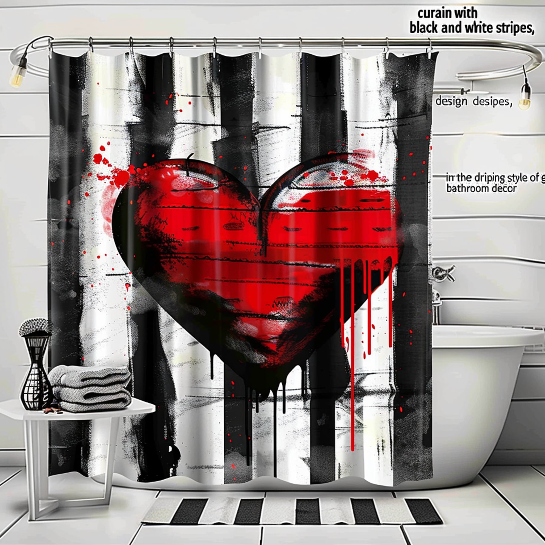 Bold and : Black and White Striped Shower Curtain with Red Heart ...