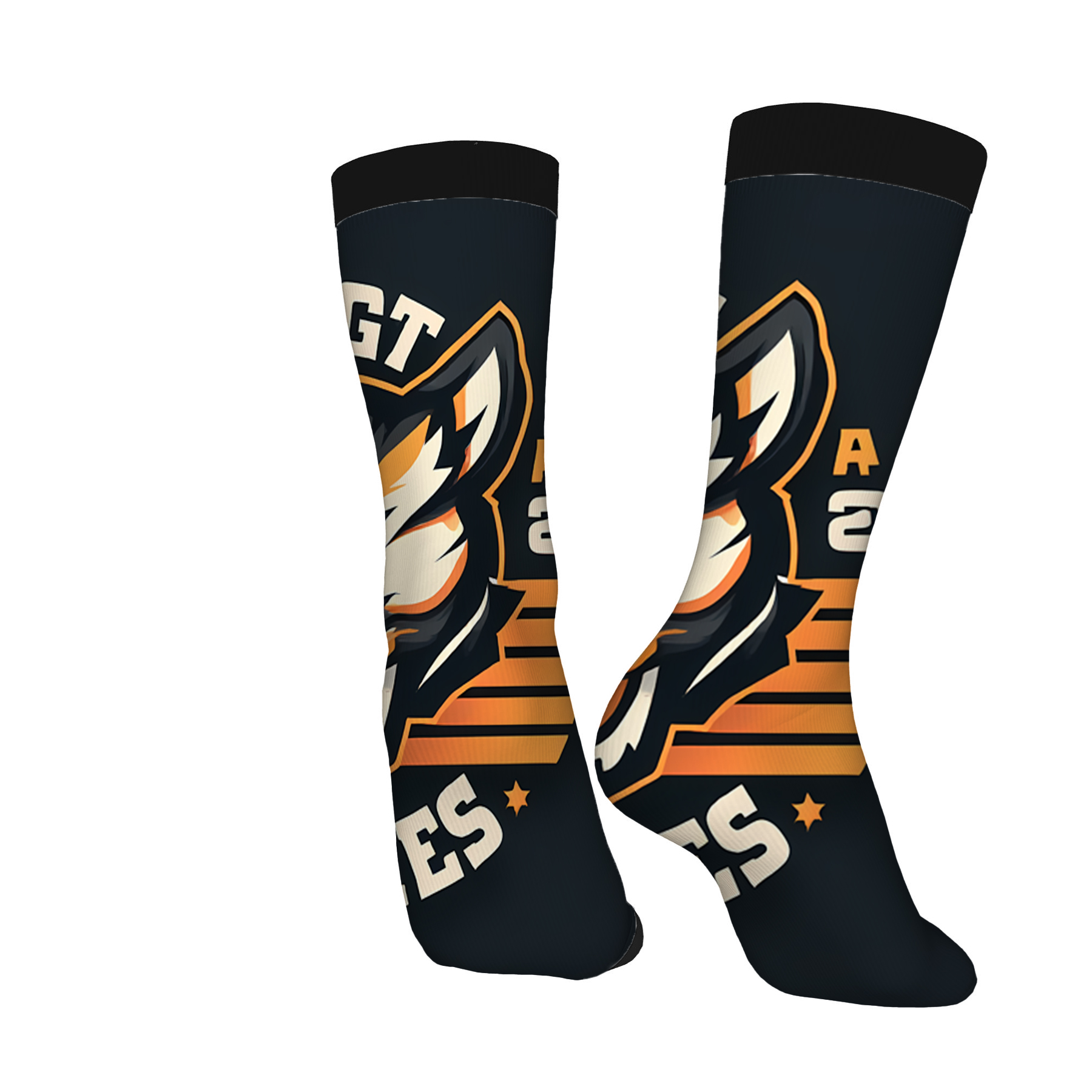 Bold animal face design socks with orange and white accents featuring ...