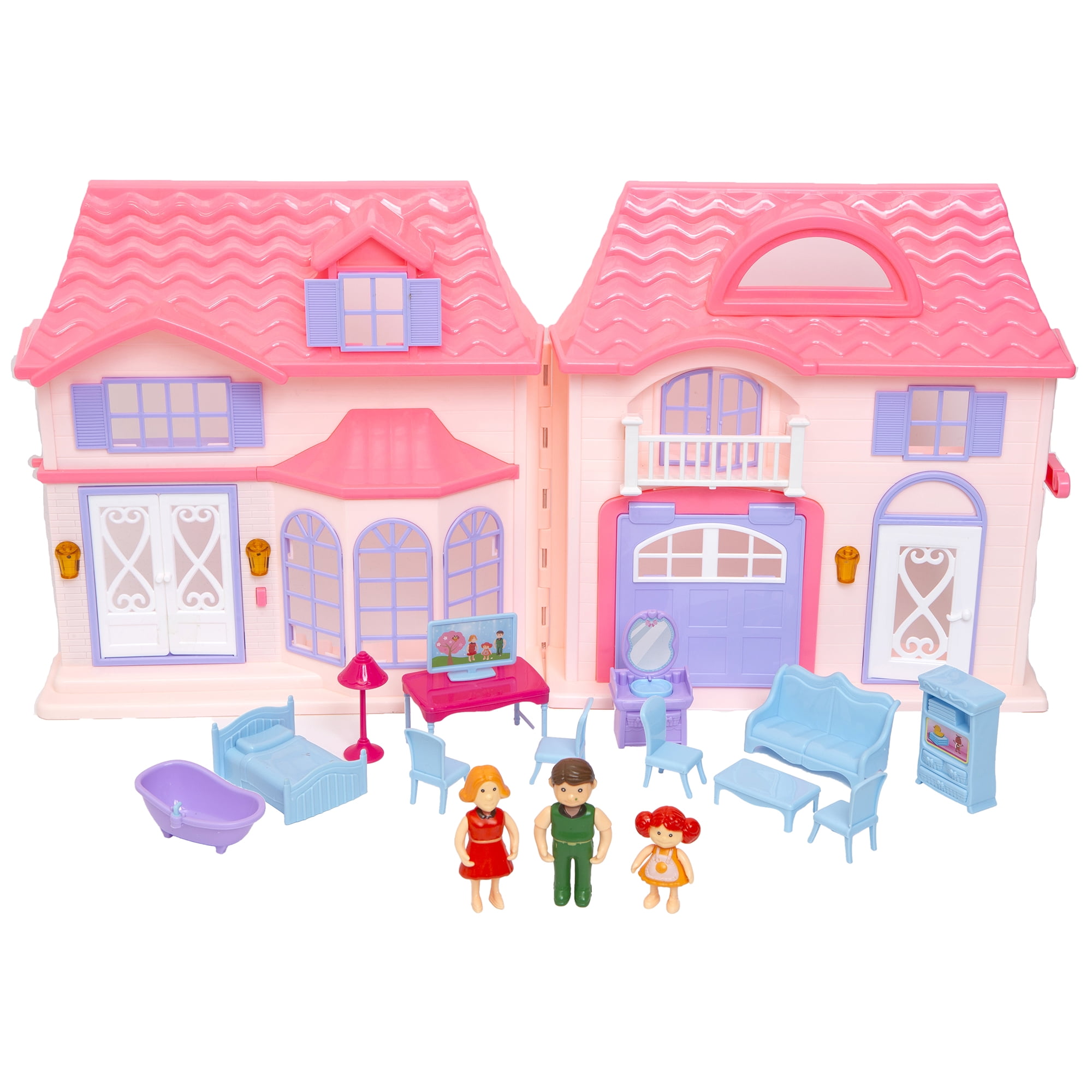 Boley: Doll House - Pink & Purple - 16pc Playset - 3 Family Dolls & 12 ...
