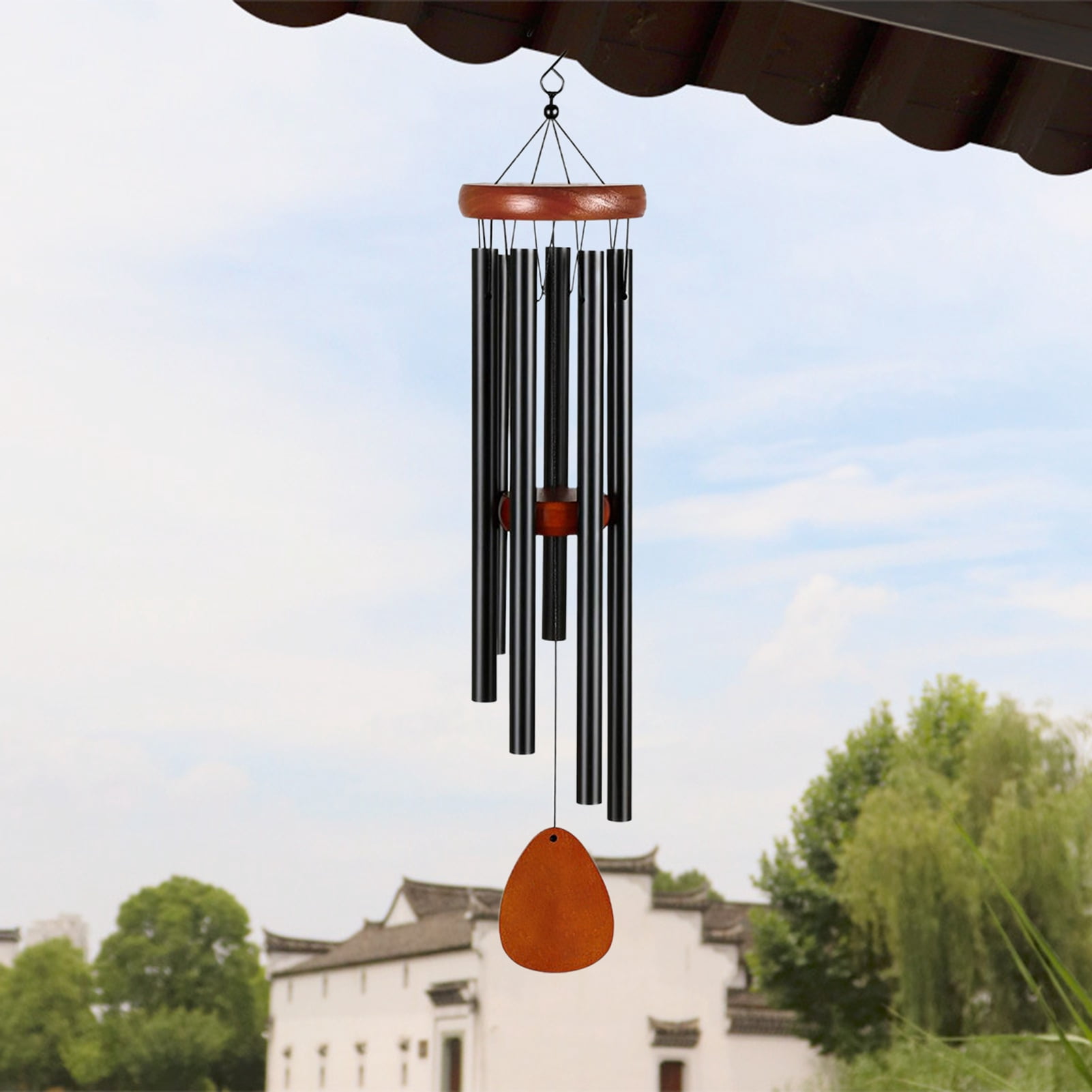 Bolincty 25-Inch Wooden Wind Chime with 6 Aluminum Tubes S-shaped Hook ...