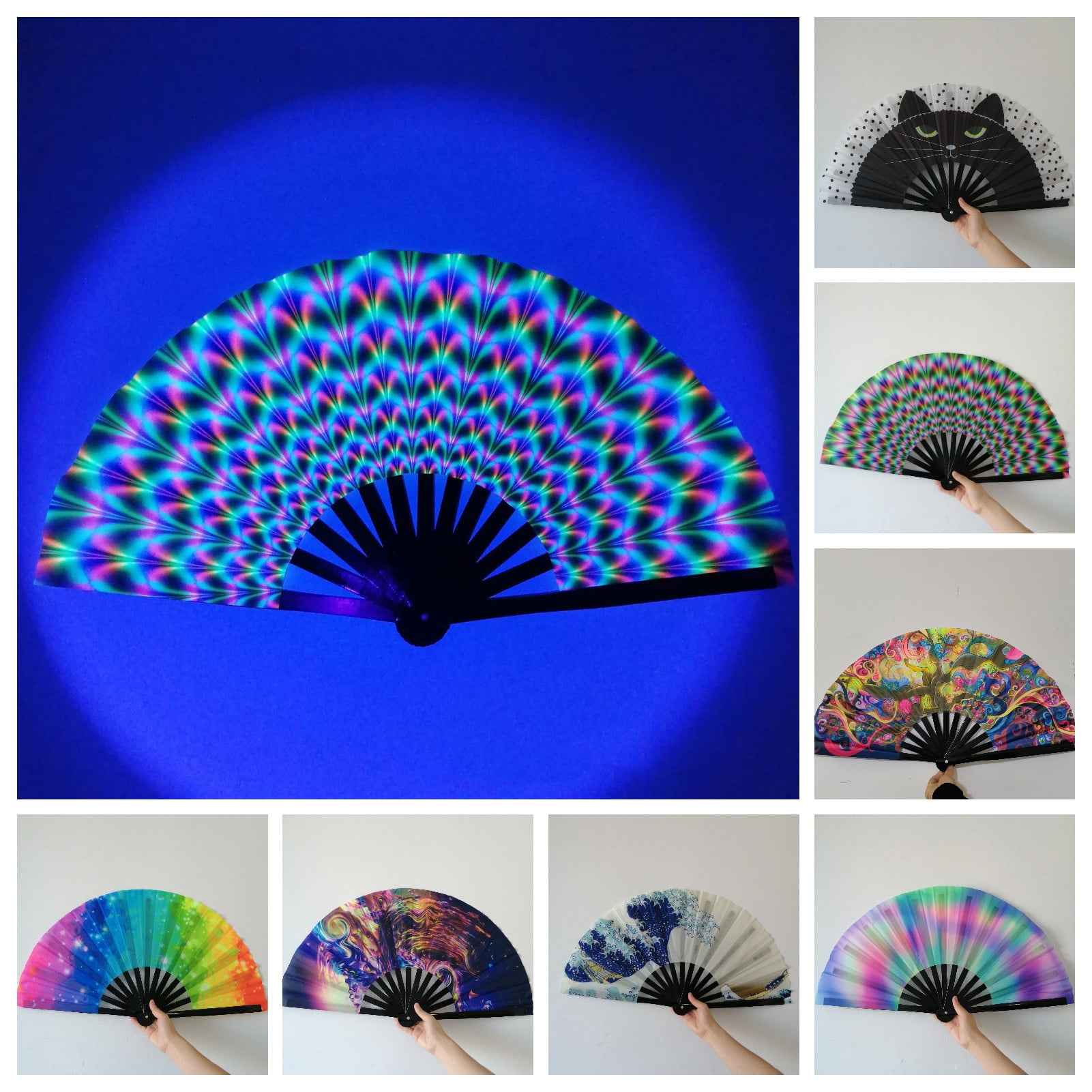 Bolincty Folding Fan Colorful Holographic Rave Fan Bamboo Ribs Hand Fan ...