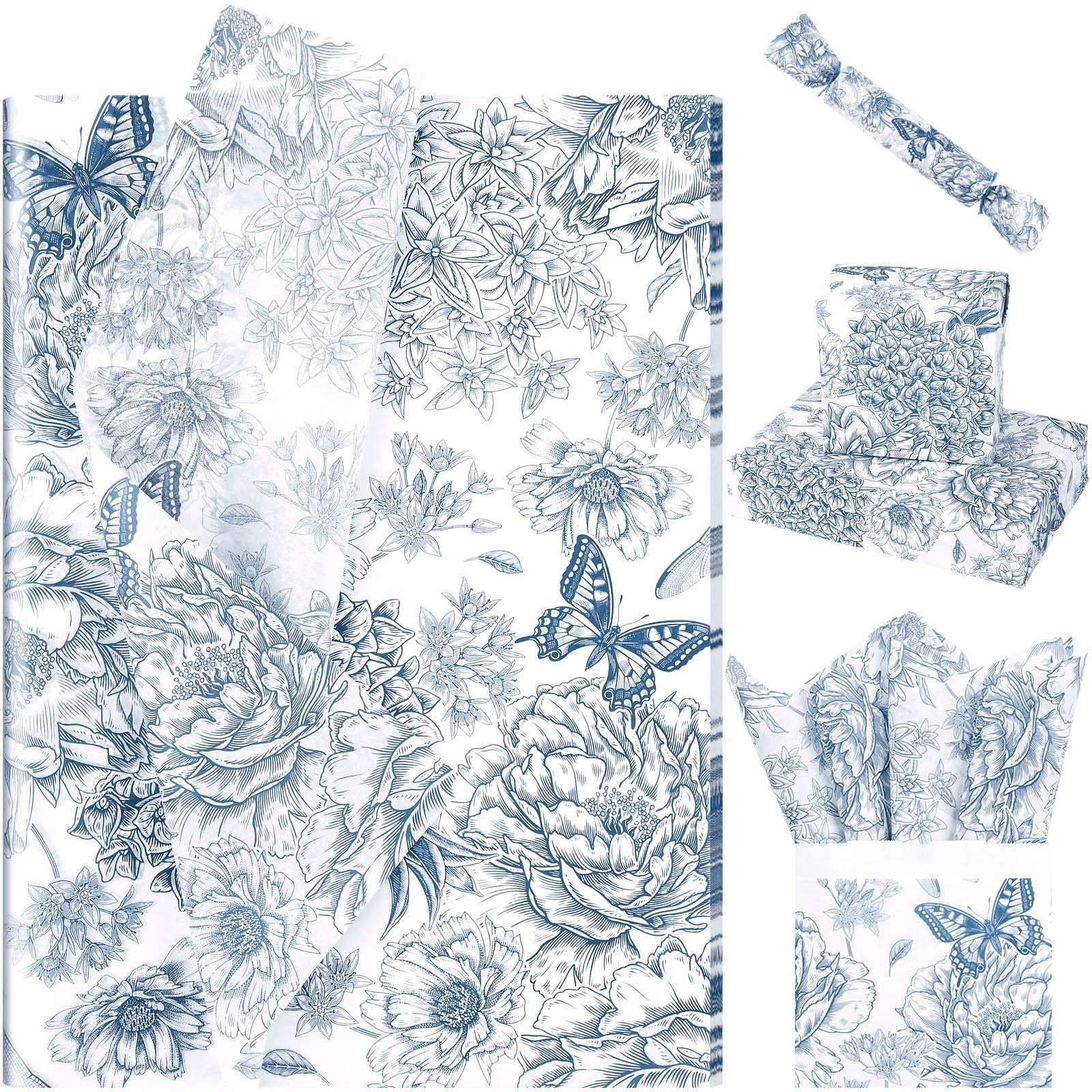 Bolsome 100 Sheets 20 * 14 Inches Vintgae Floral Tissue Paper Blue ...
