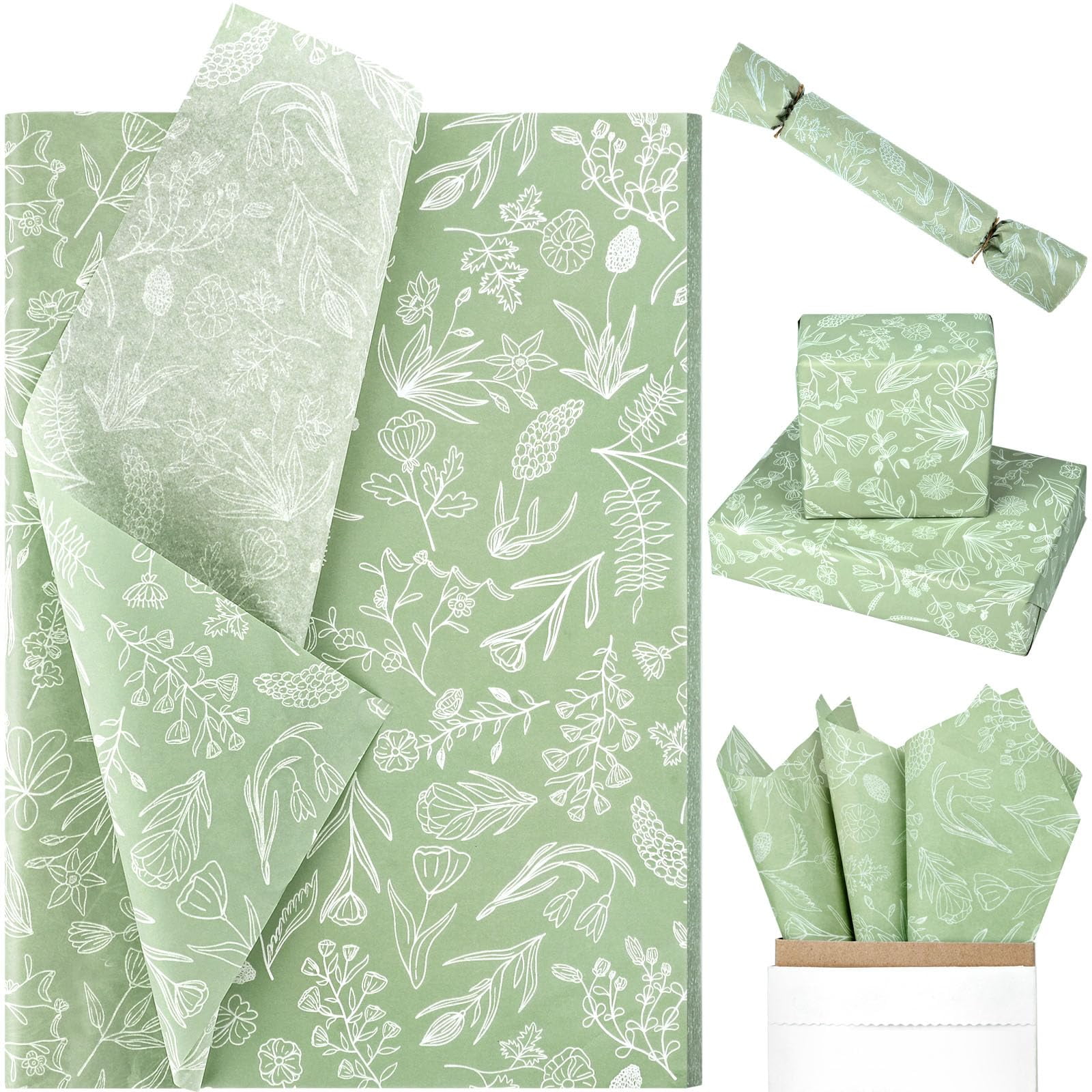 Bolsome 100 Sheets Sage Green Wildflowers AIS1 Tissue Paper for Green ...