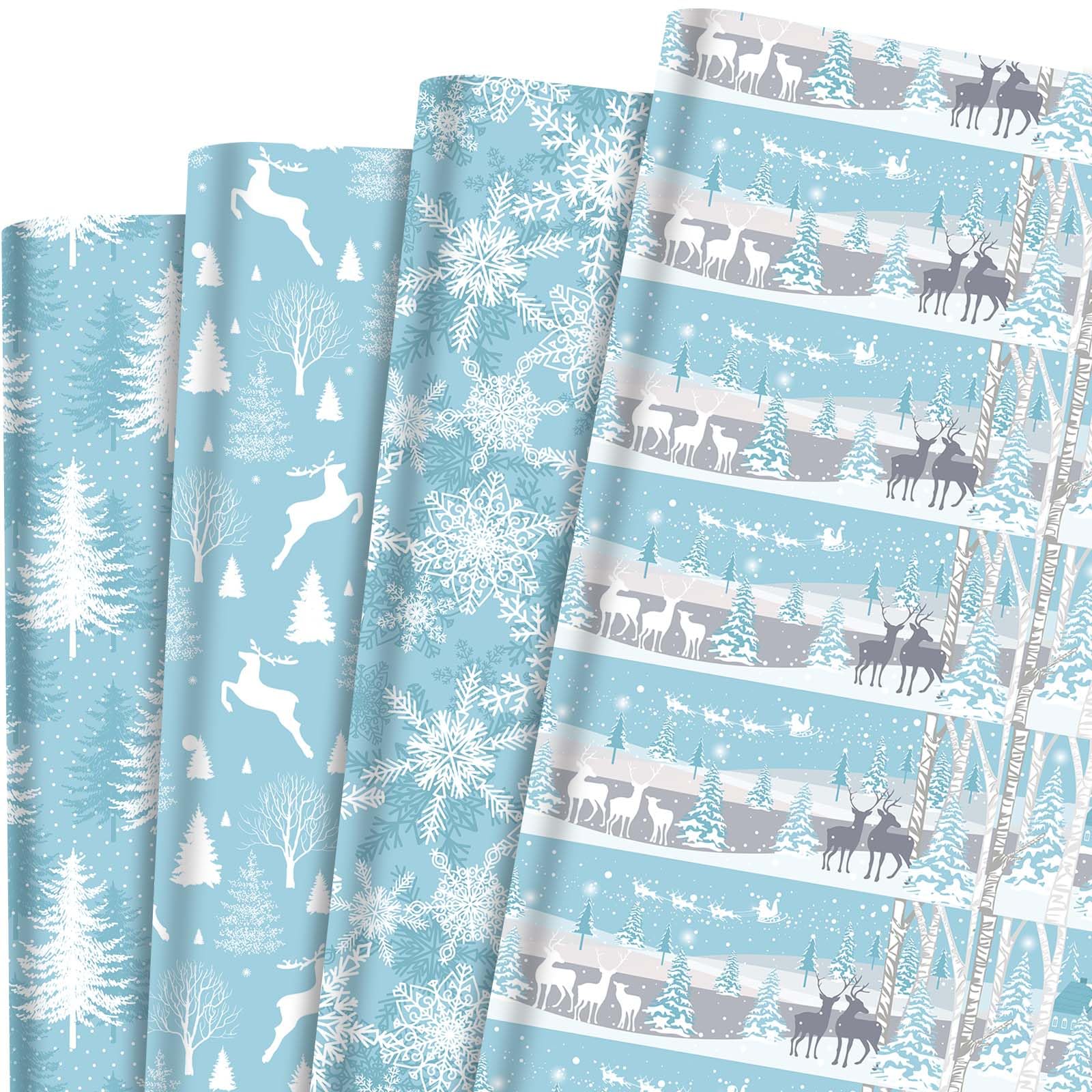 Bolsome 12 Sheets Blue White Christmas Wrapping Paper, Xmas Tree ...