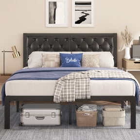 Lifezone Bed Frame with Upholstered Headboard, Queen, Metal Support, No ...
