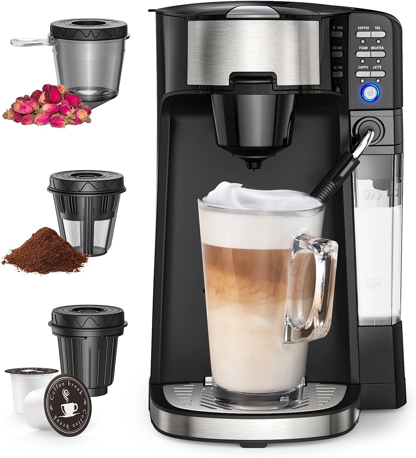 Boly 6-In-1 Coffee Maker with Auto Milk Frother Single Serve Coffee Tea Latte and Cappuccino ...