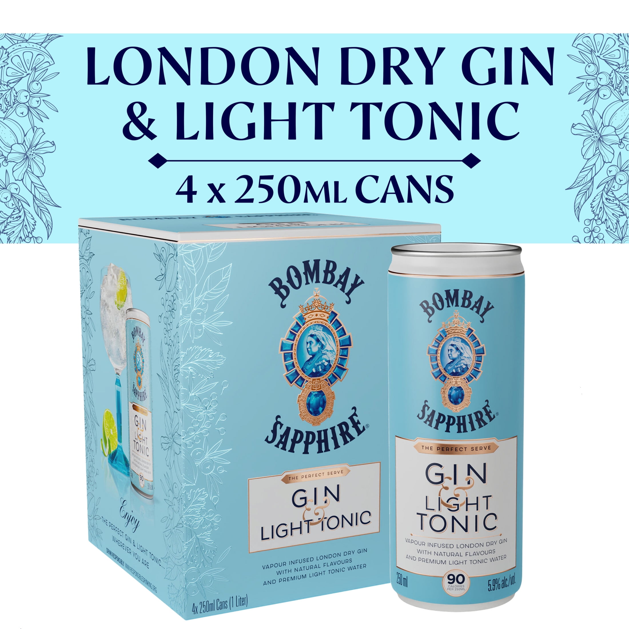 Bombay Ready-to-Drink Gin and Light Tonic, 250 mL Can (Pack of 4), ABV ...