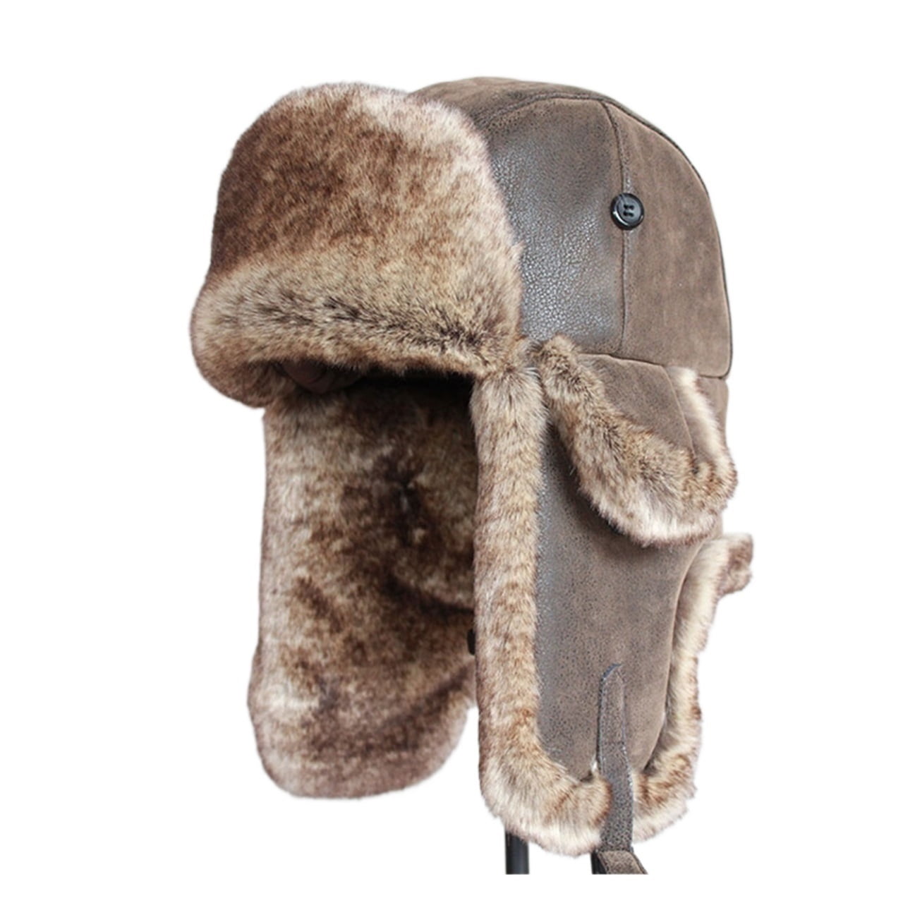 Bomber Hats Winter Men Warm Russian Hat with Ear Flap Pu Leather F-ur ...