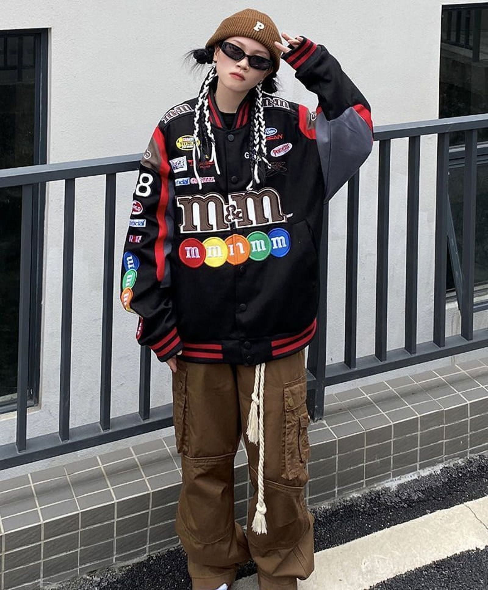 Black Biker Bomber Jacket, M&M Embroidery, High Quality, Street Varsity ...