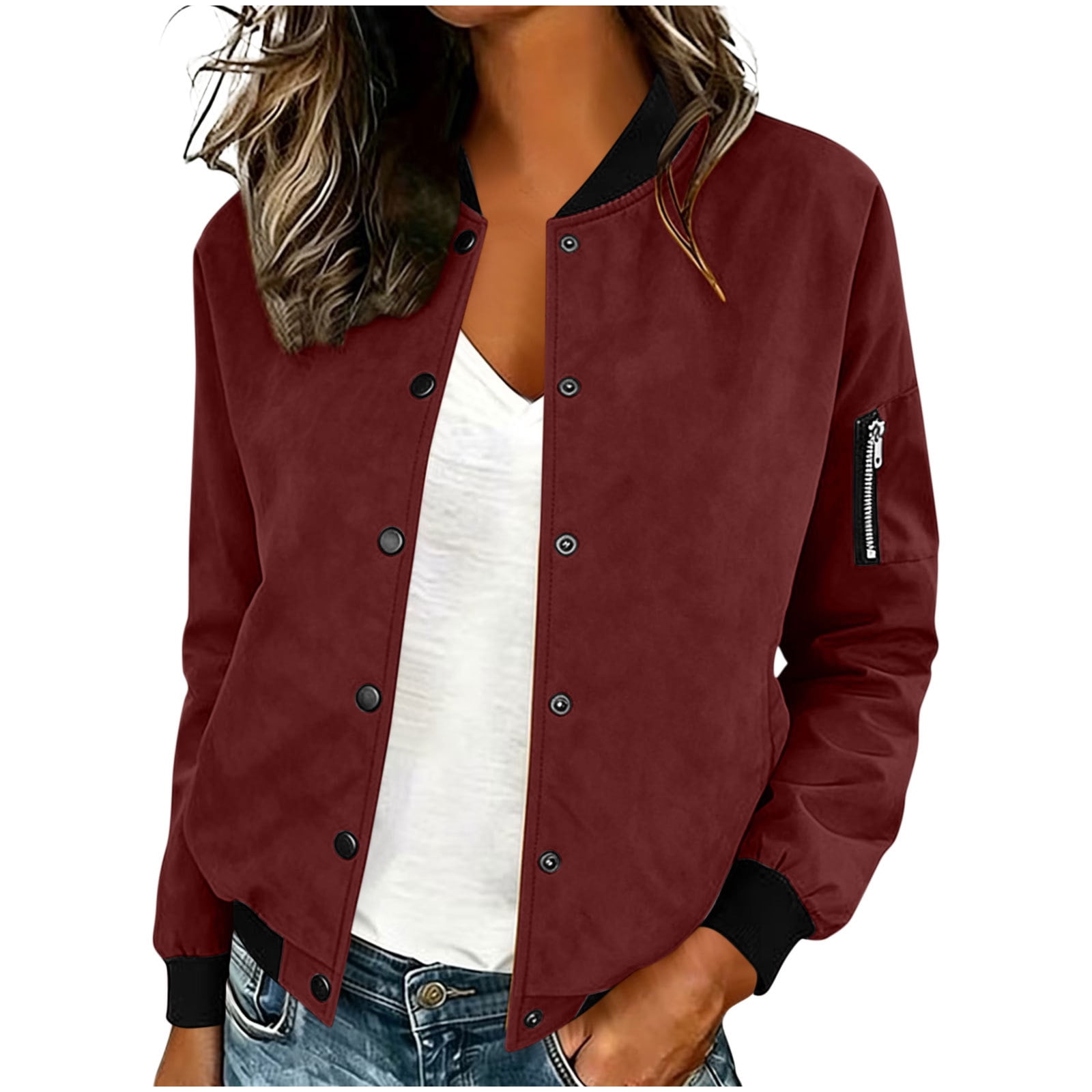Bomber Jacket Women Faux Suede Long Sleeve Button Front Closure ...