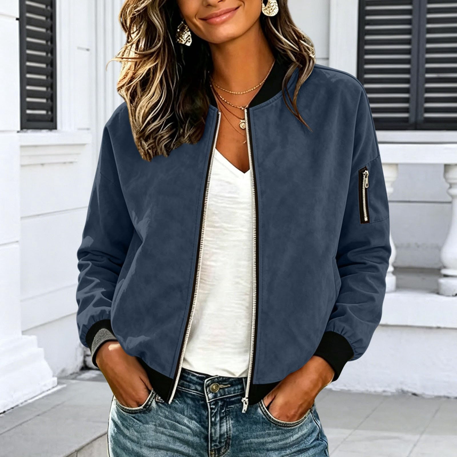 Bomber Jacket Women Faux Suede Zip Up Casual Short Outerwear Fall ...