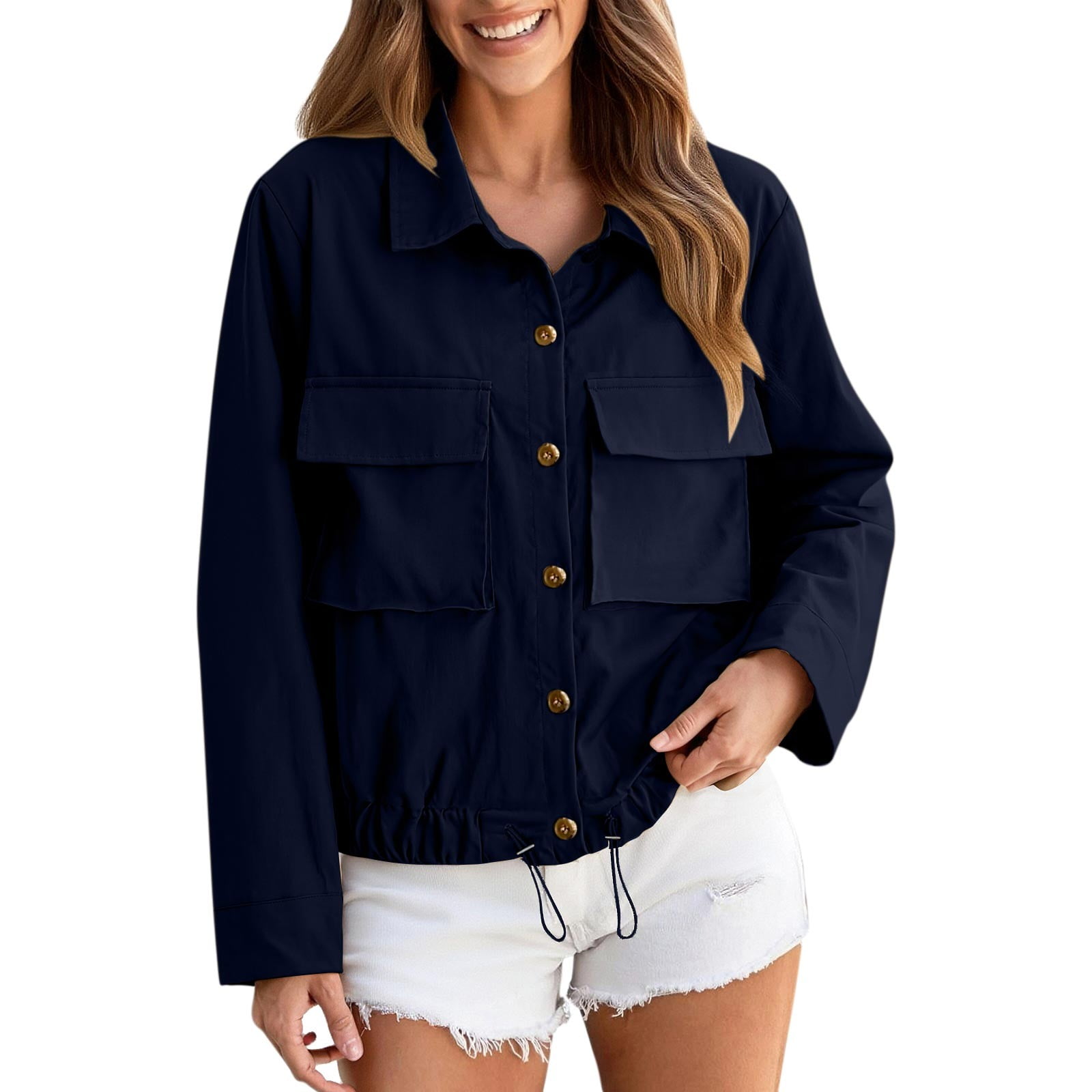 Bomber Jacket Women Lapel Short Cropped Jacket Women Button Down Long ...