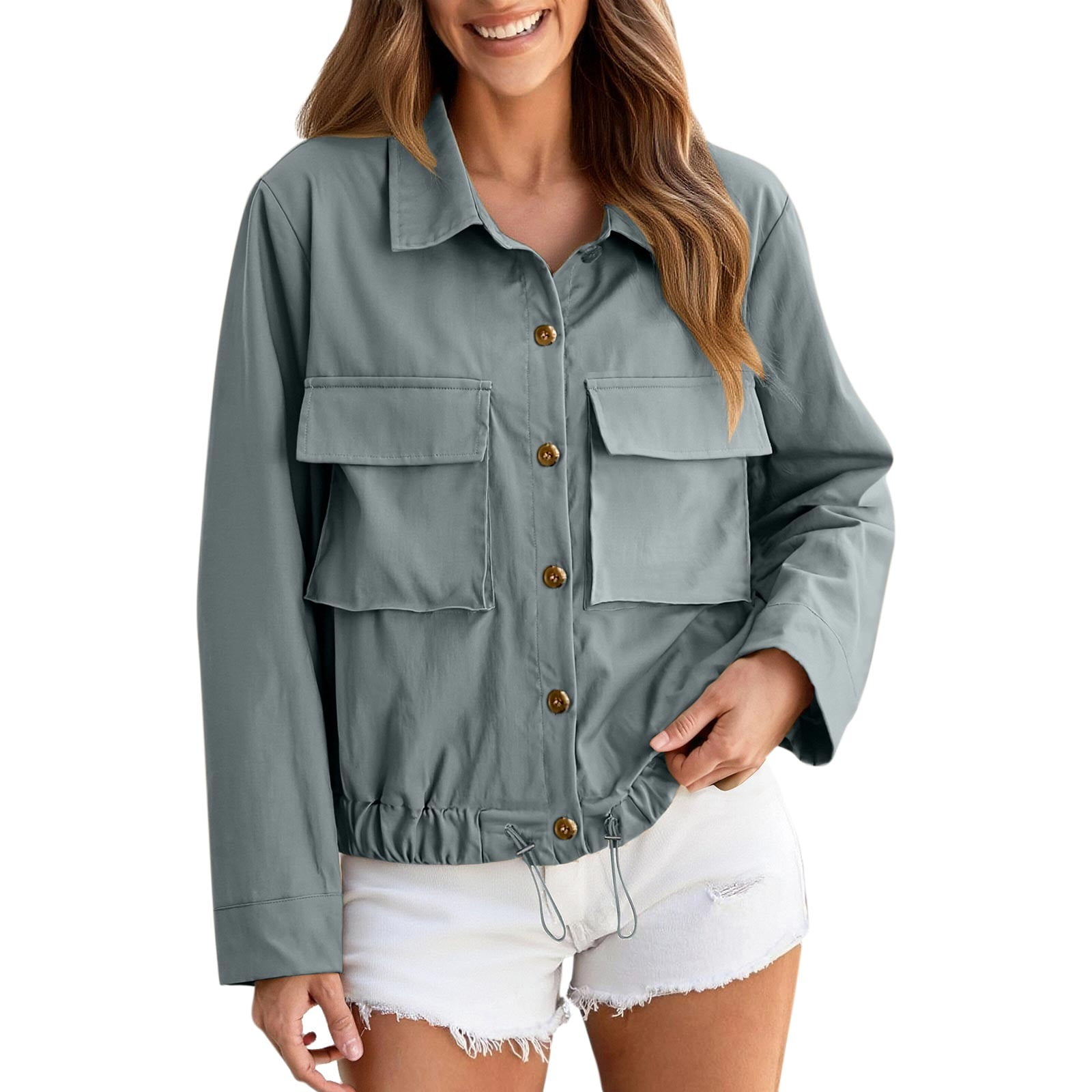 Bomber Jacket Women Lapel Short Cropped Jacket Women Button Down Long ...