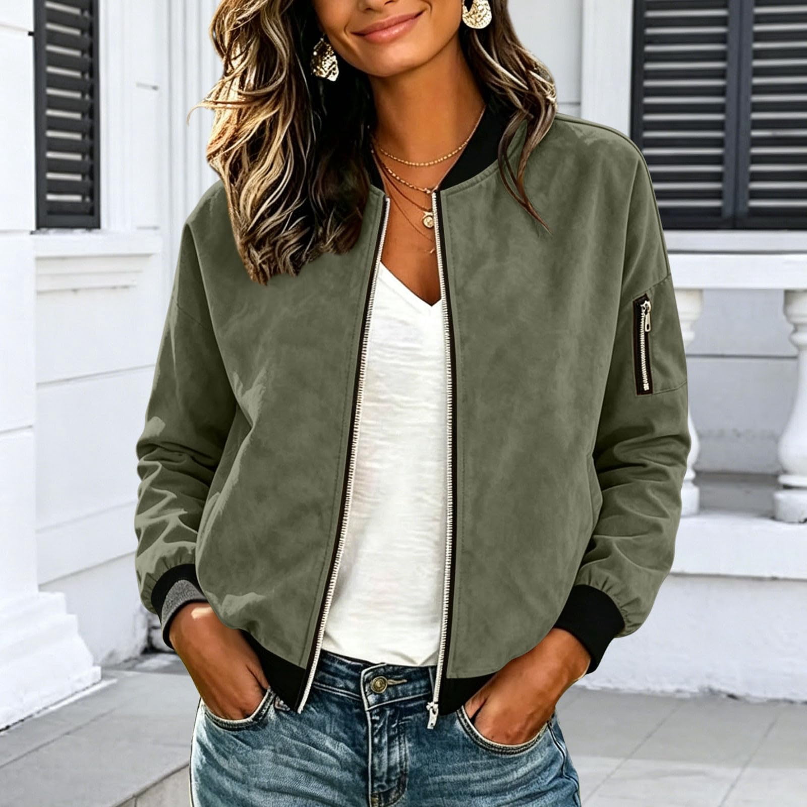 Bomber Jacket Women Long Sleeve Windbreaker Jackets Casual Lightweight ...