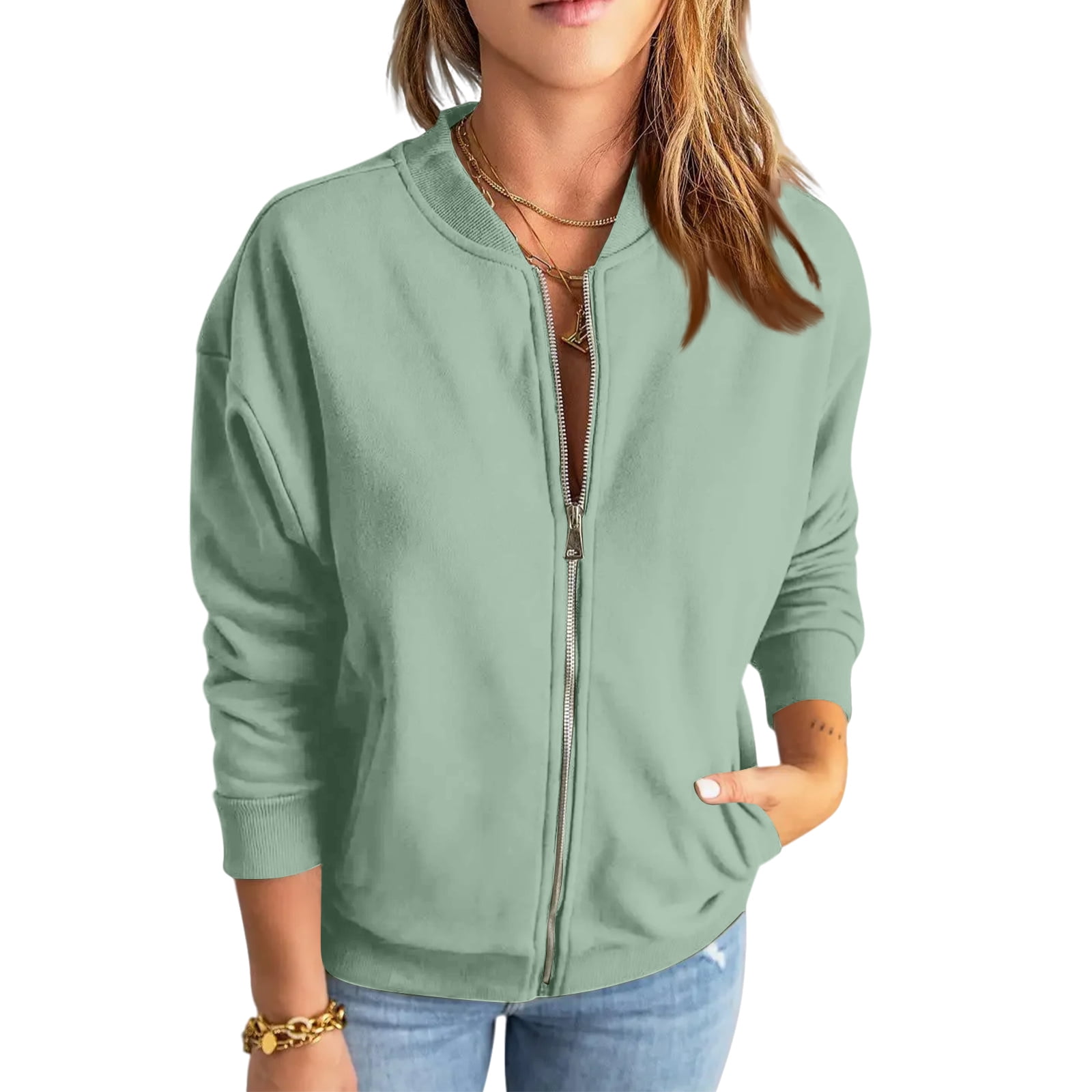 Bomber Jacket Women Womens Zip Up Jackets Long Sleeve Casual Loose ...