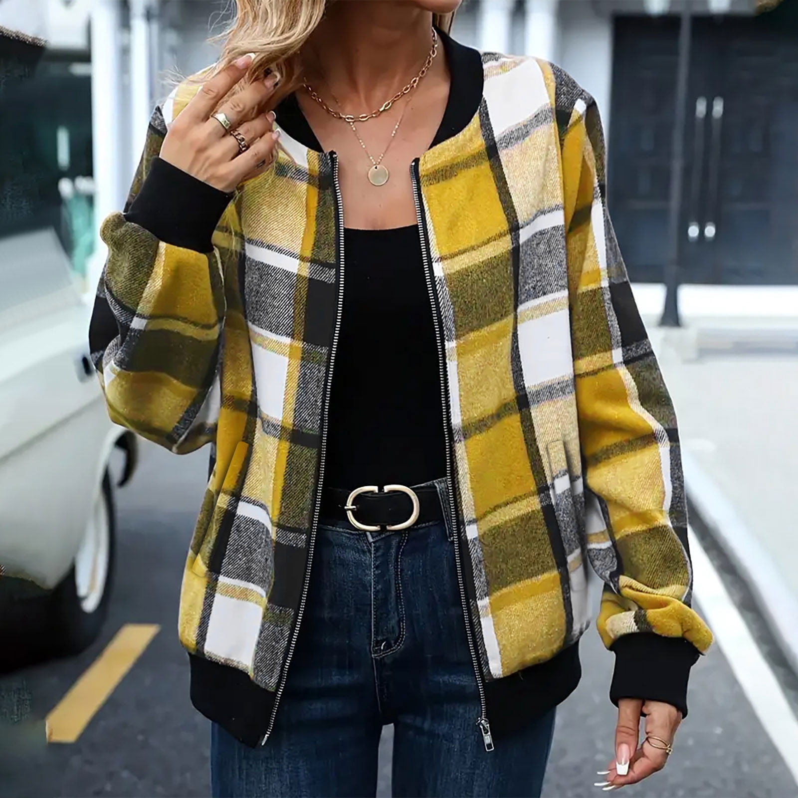 Bomber Jacket Womens Plaid Zip Up Casual Jacket Lightweight Long Sleeve ...