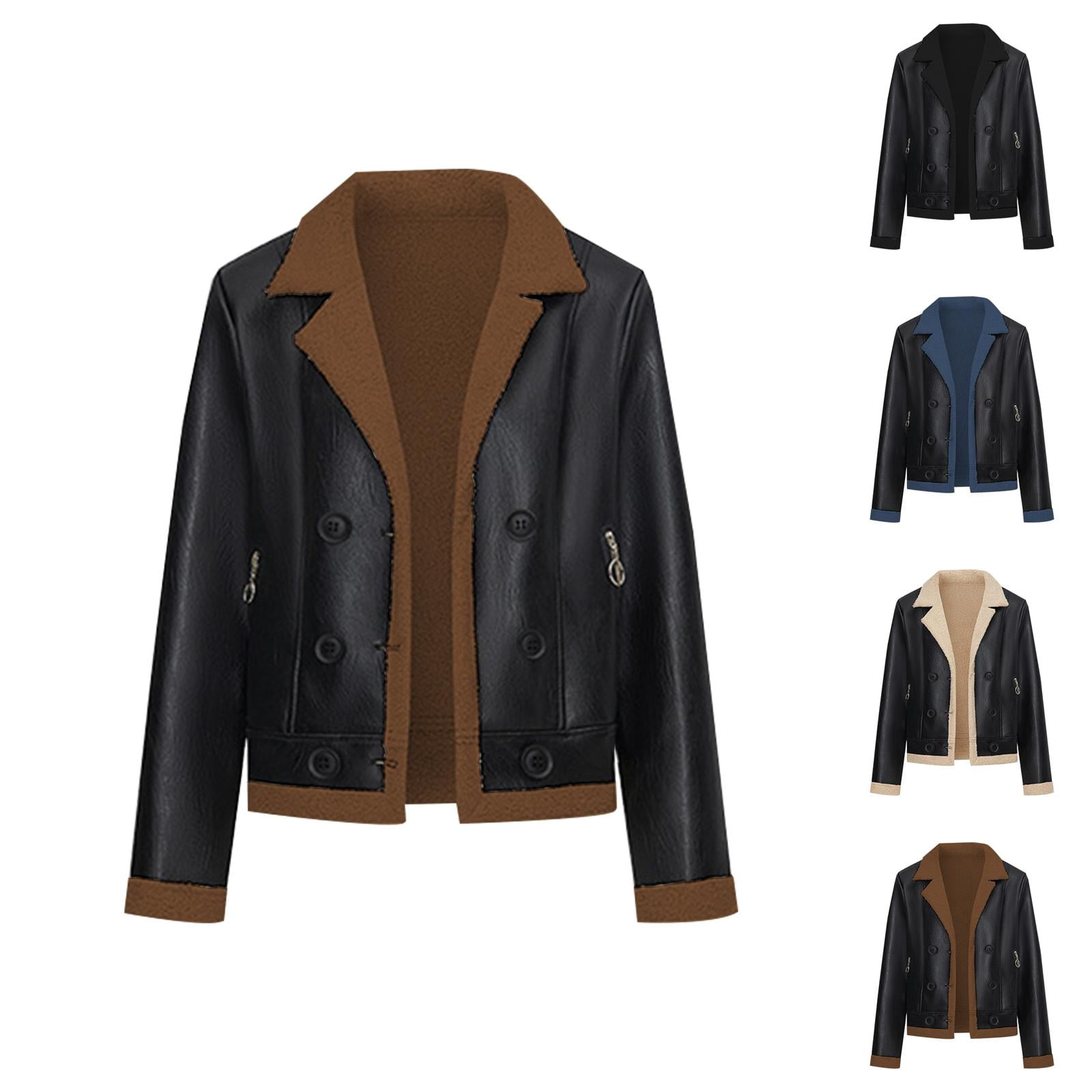 Bomber Jacket for Women 2025 Winter Long Sleeve Faux PU Leather Fleece ...